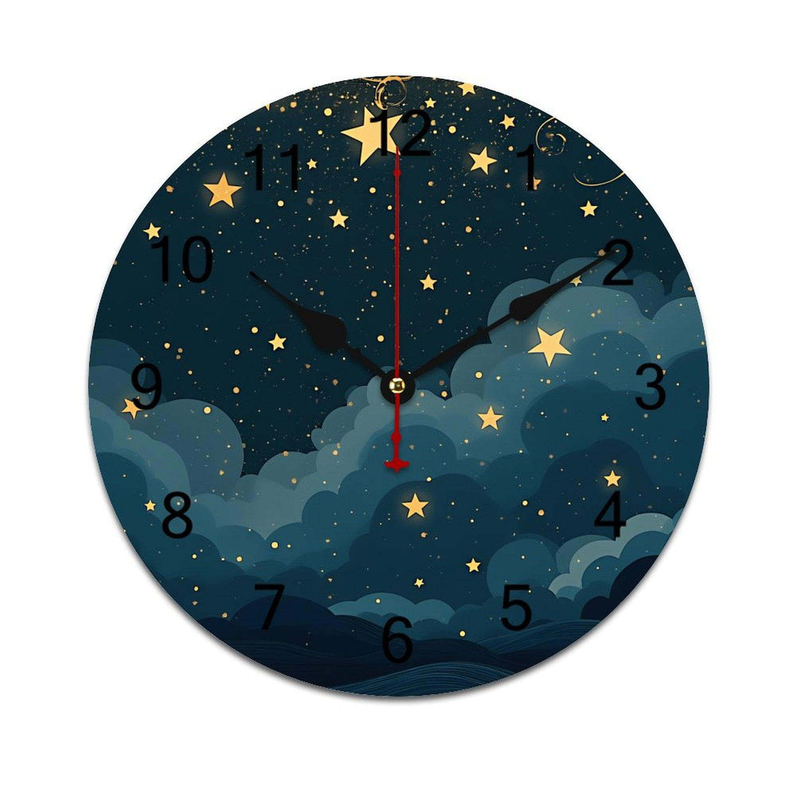 Colorful Stars Clouds And Moon Printed Silent Wall Clock Round Kitchen ...