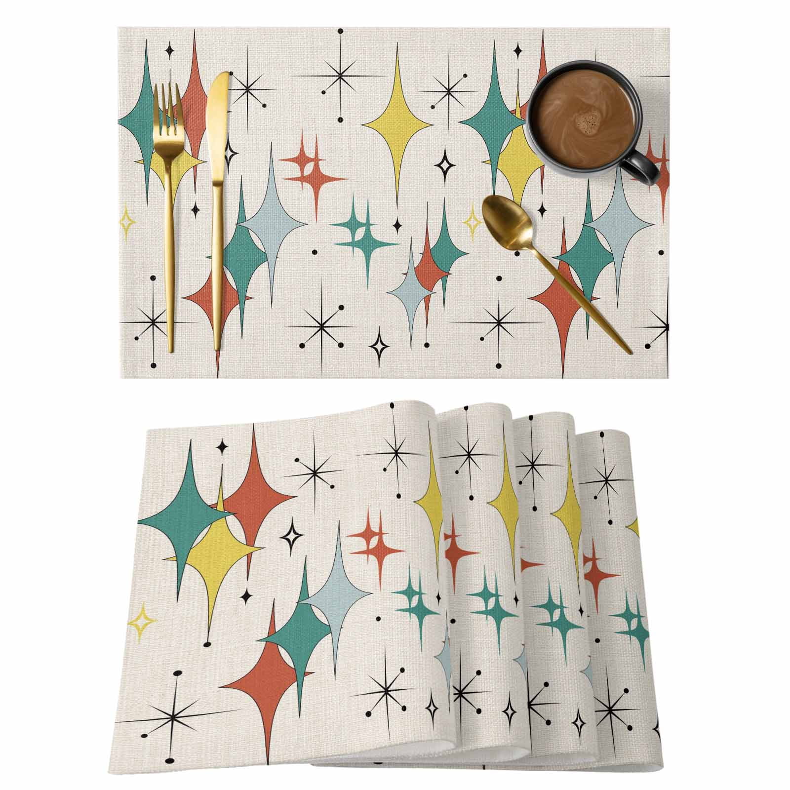 Colorful Stars Cotton Linen Placemats Set of 4, Vintage Green Yellow ...