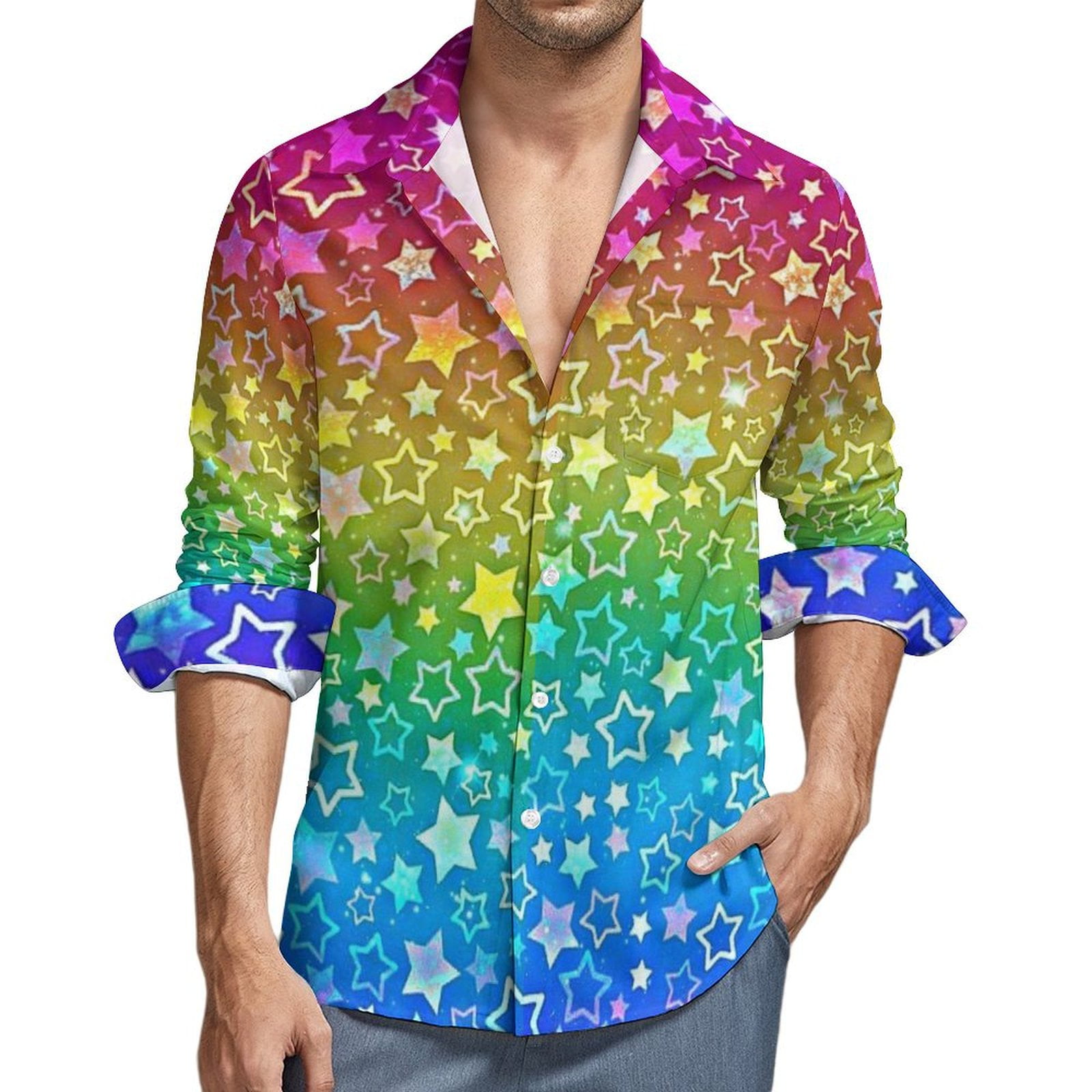 Colorful Stars Hawaiian Shirt for Men Long Sleeve Button Down Beach ...