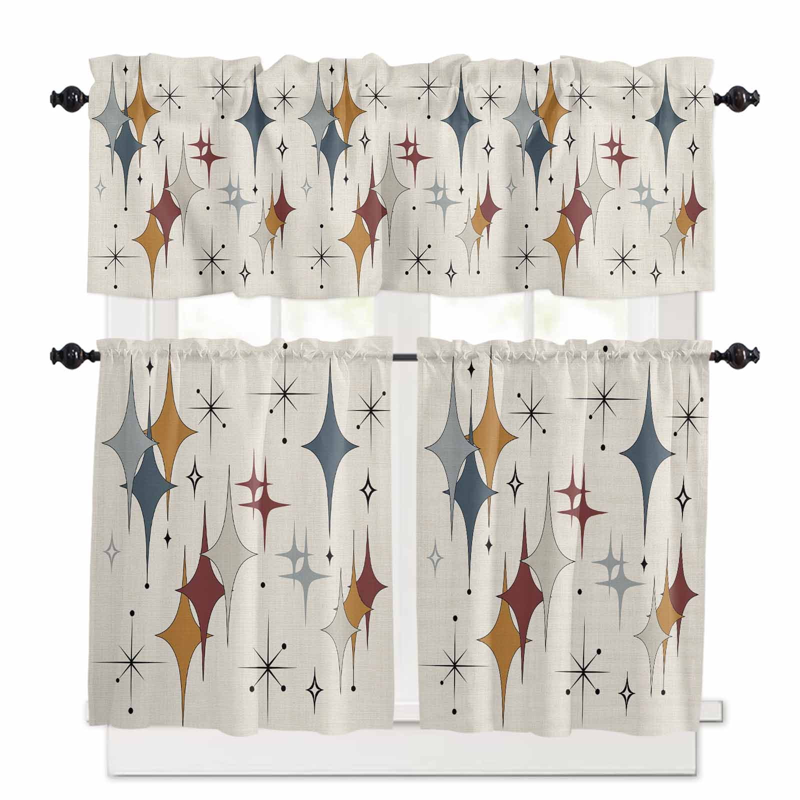 Colorful Stars Kitchen Curtains Valance and Tier Set Vintage Grey ...