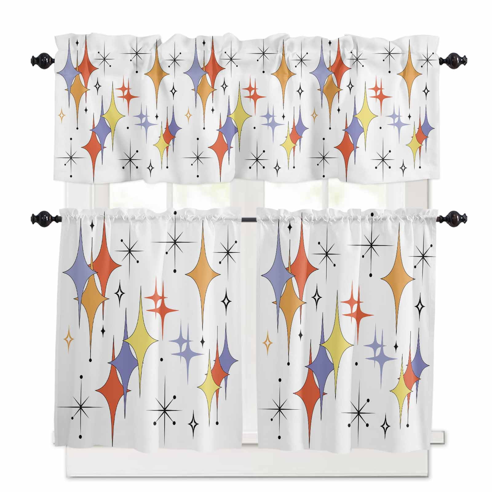 Colorful Stars Kitchen Curtains Valance and Tier Set Vintage Purple ...