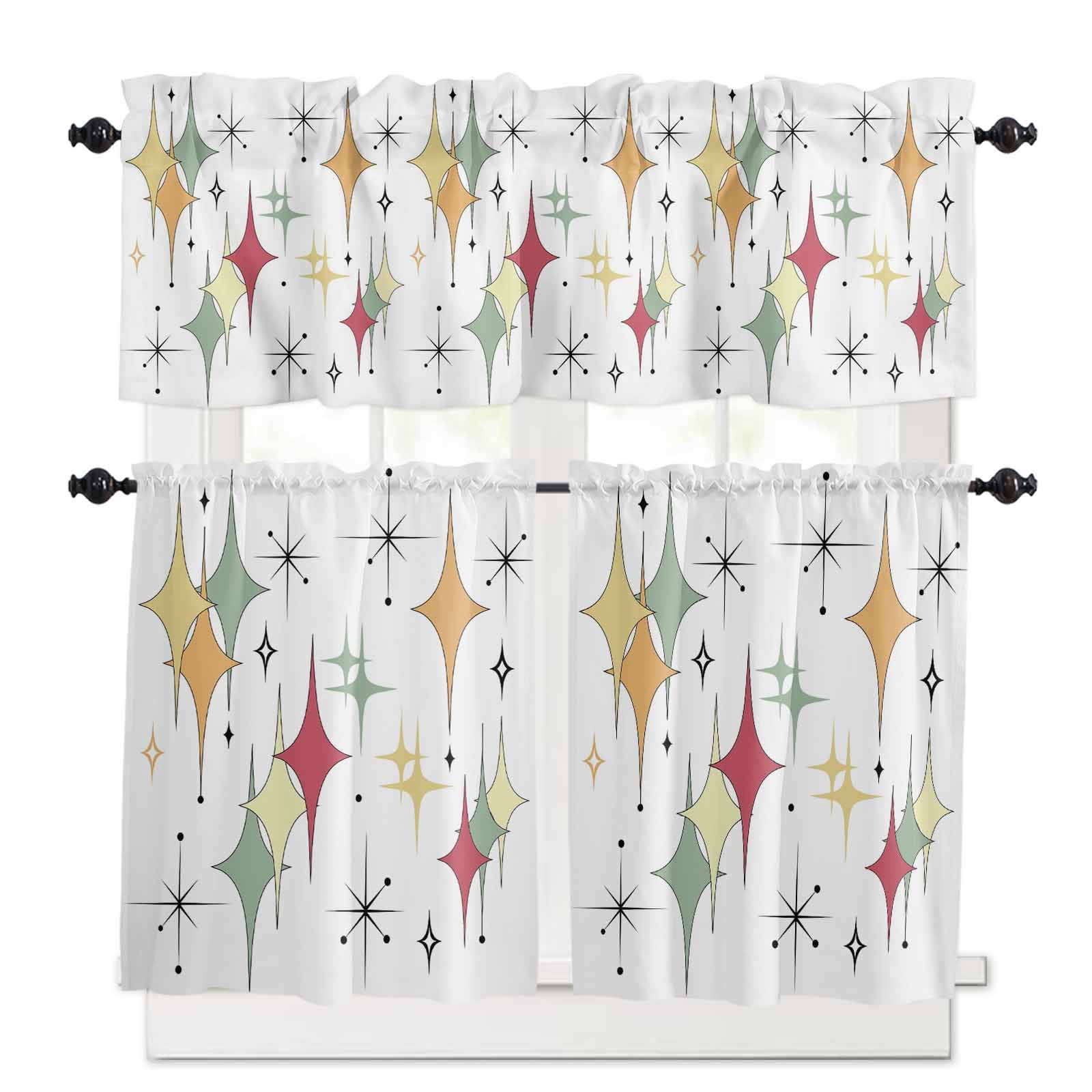 Colorful Stars Kitchen Curtains Valance and Tier Set Vintage Red Green ...
