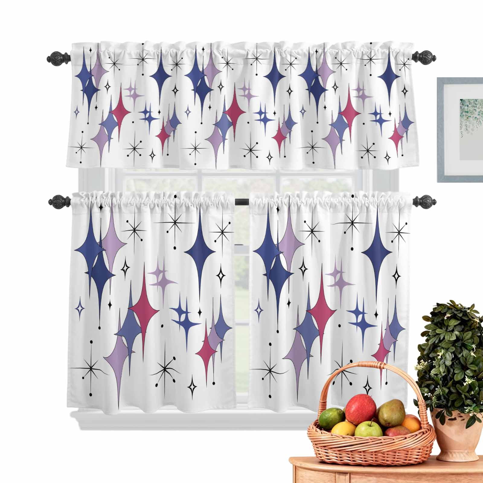 Colorful Stars Kitchen Curtains Valances 3 Piece Set, Vintage Lavender ...