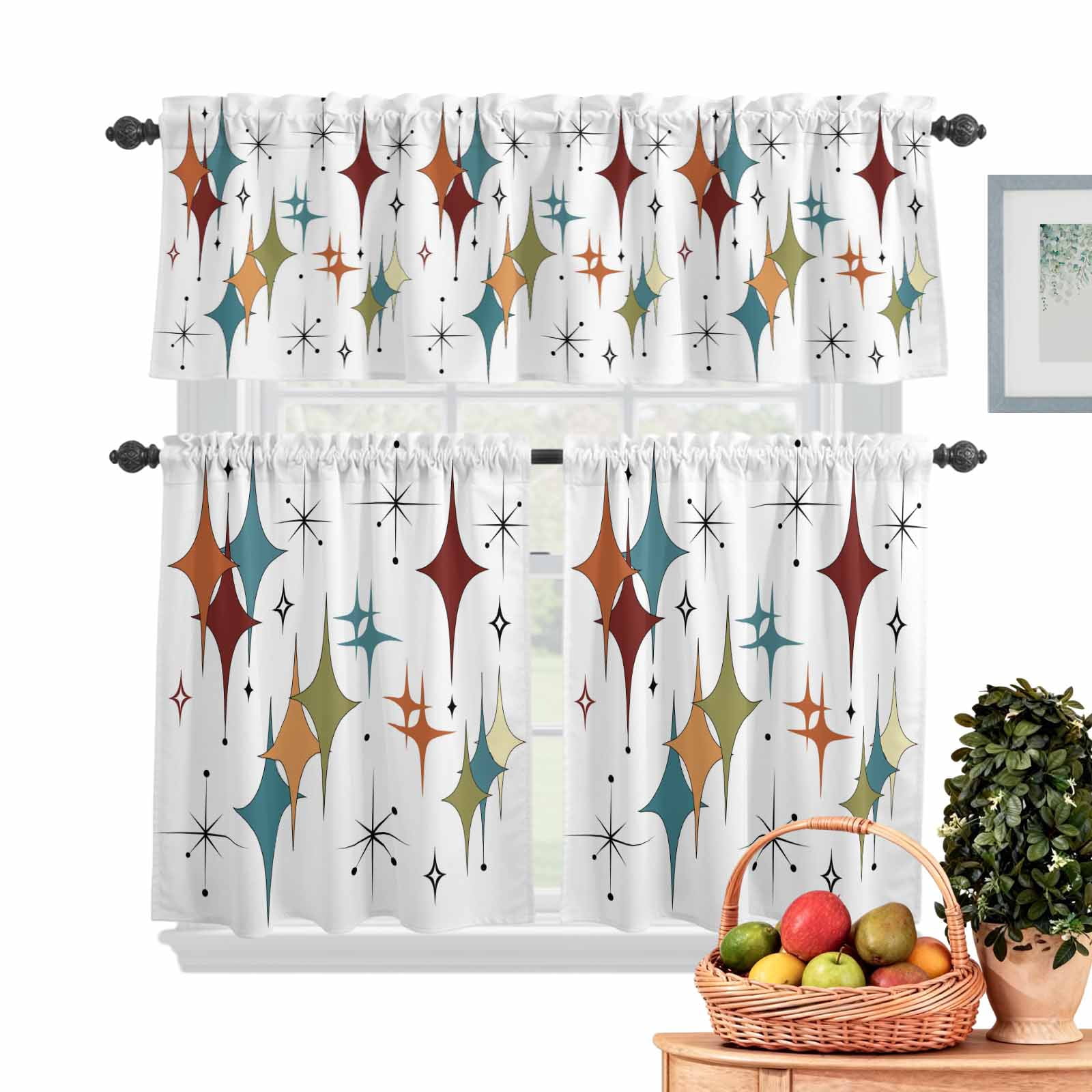 Colorful Stars Kitchen Curtains Valances 3 Piece Set, Vintage Red ...