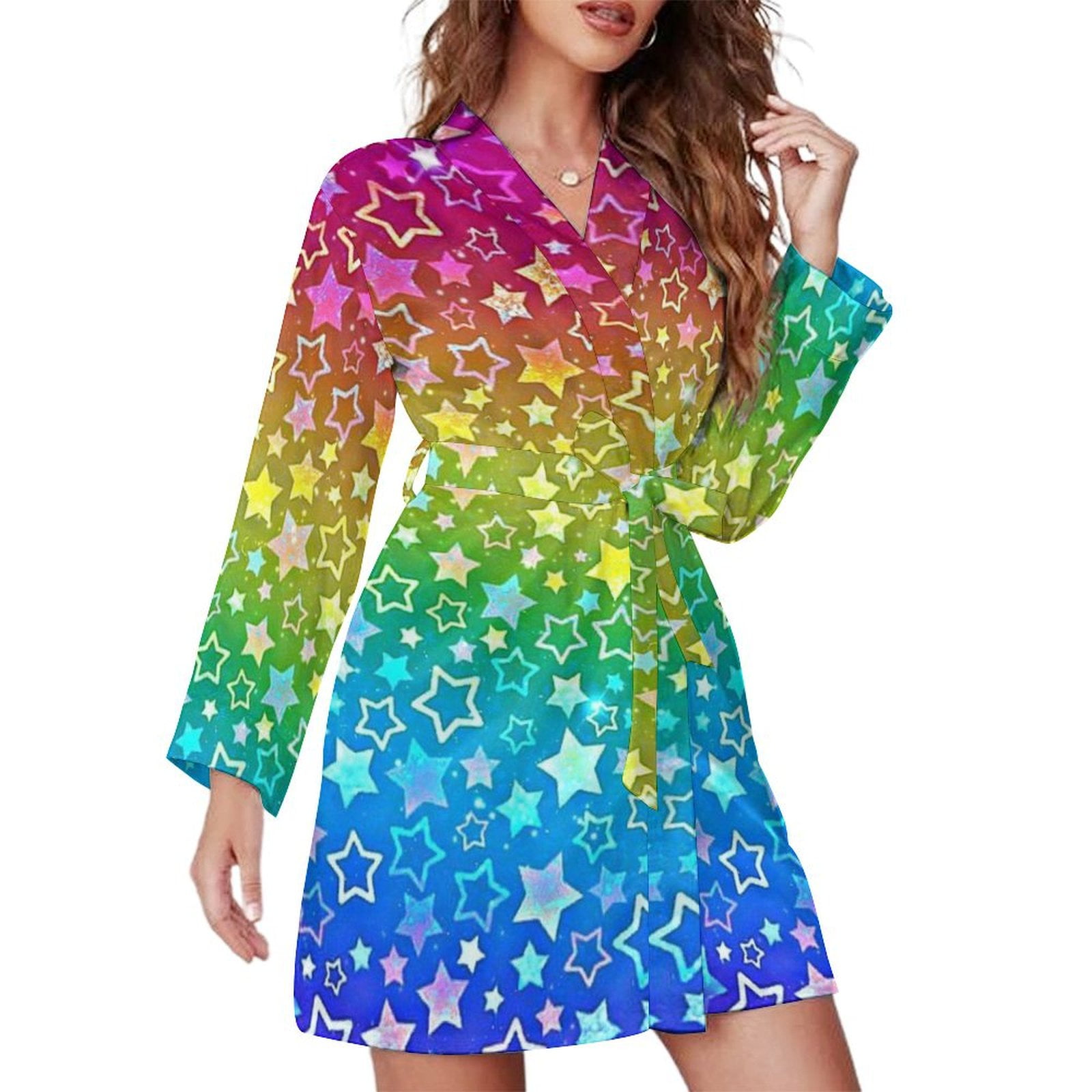 Colorful Stars Night Robe Long Sleeve V Neck Robe With Belt Women's ...