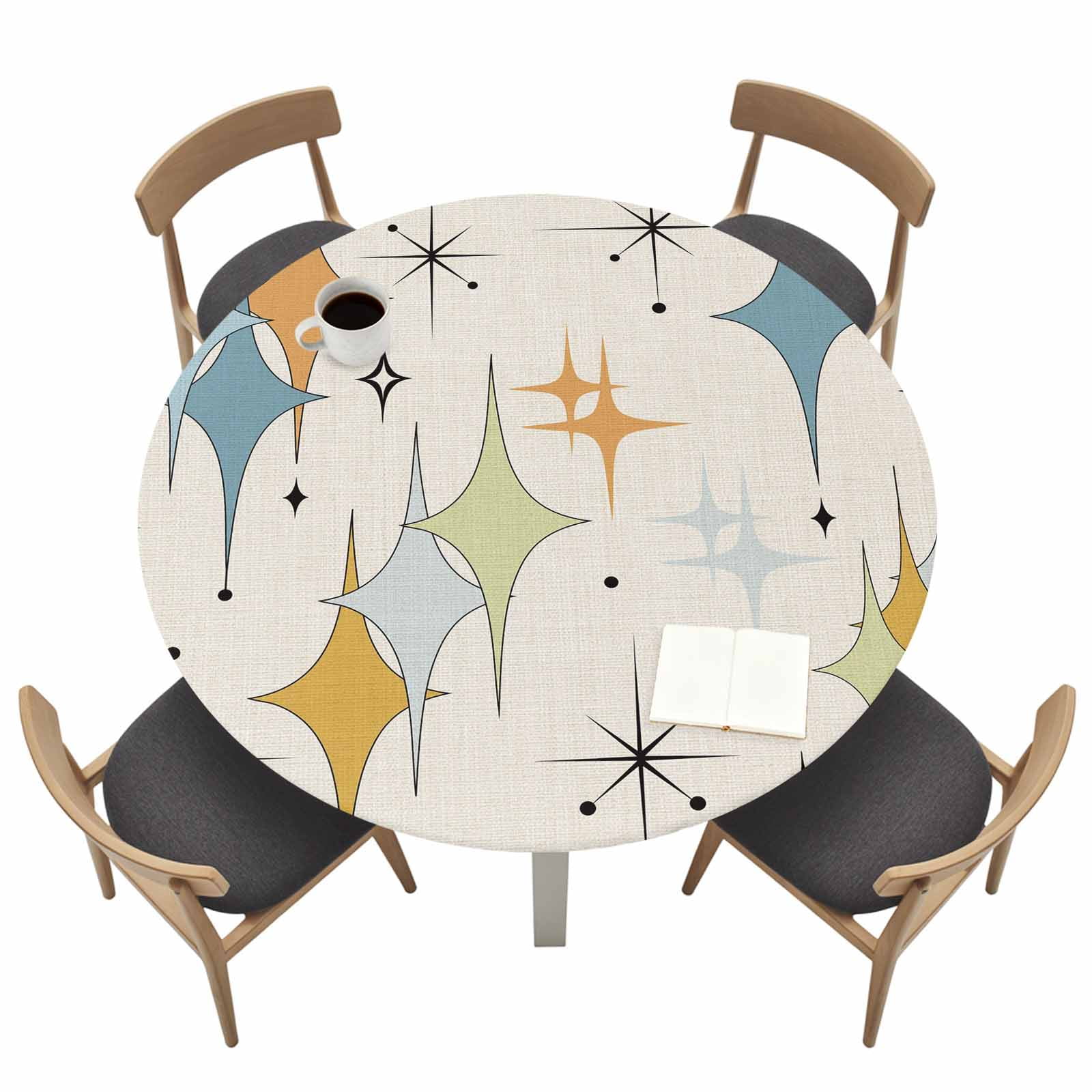 Colorful Stars Round Fitted Tablecloth with Elastic Edge Vintage Blue ...