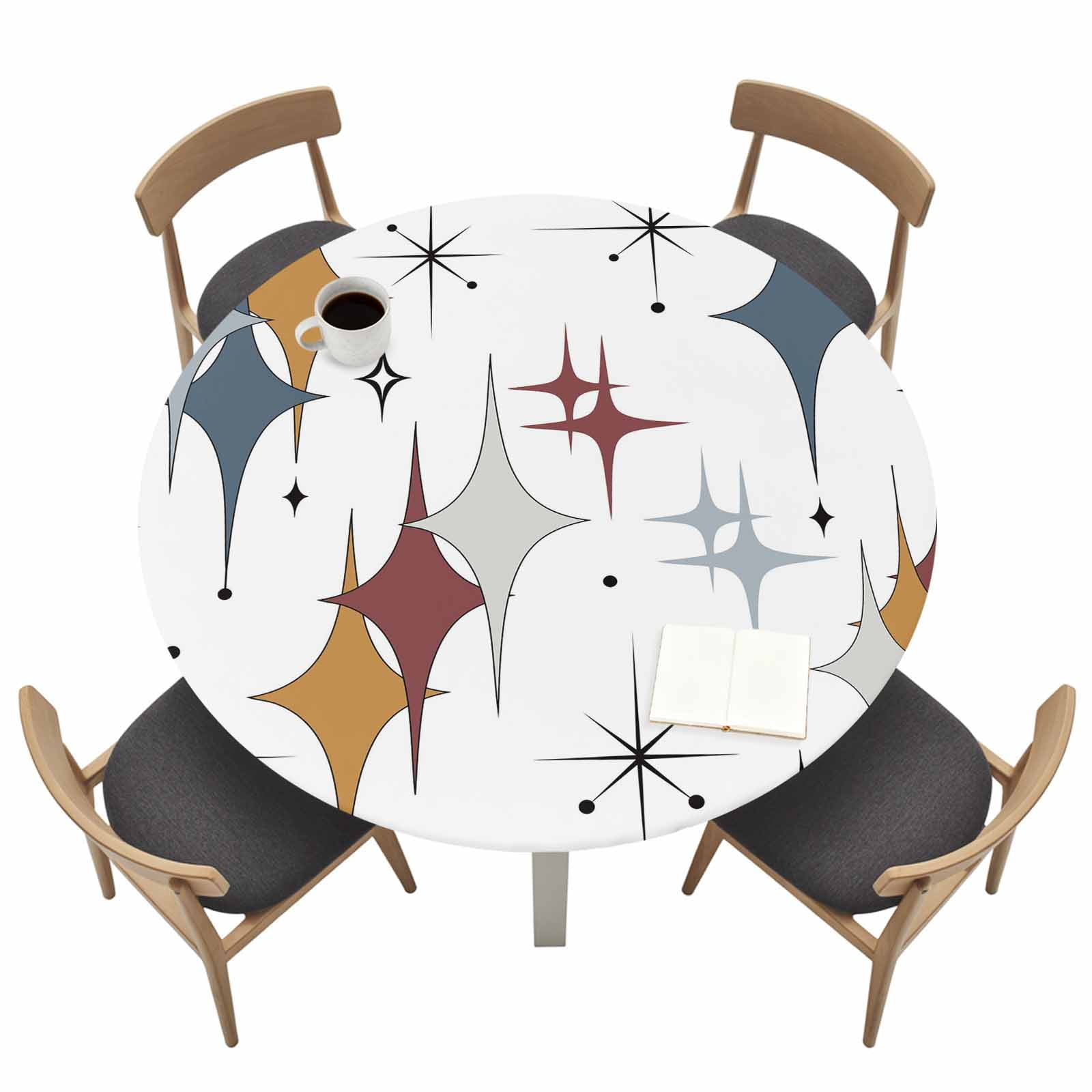 Colorful Stars Round Fitted Tablecloth with Elastic Edge Vintage Grey ...