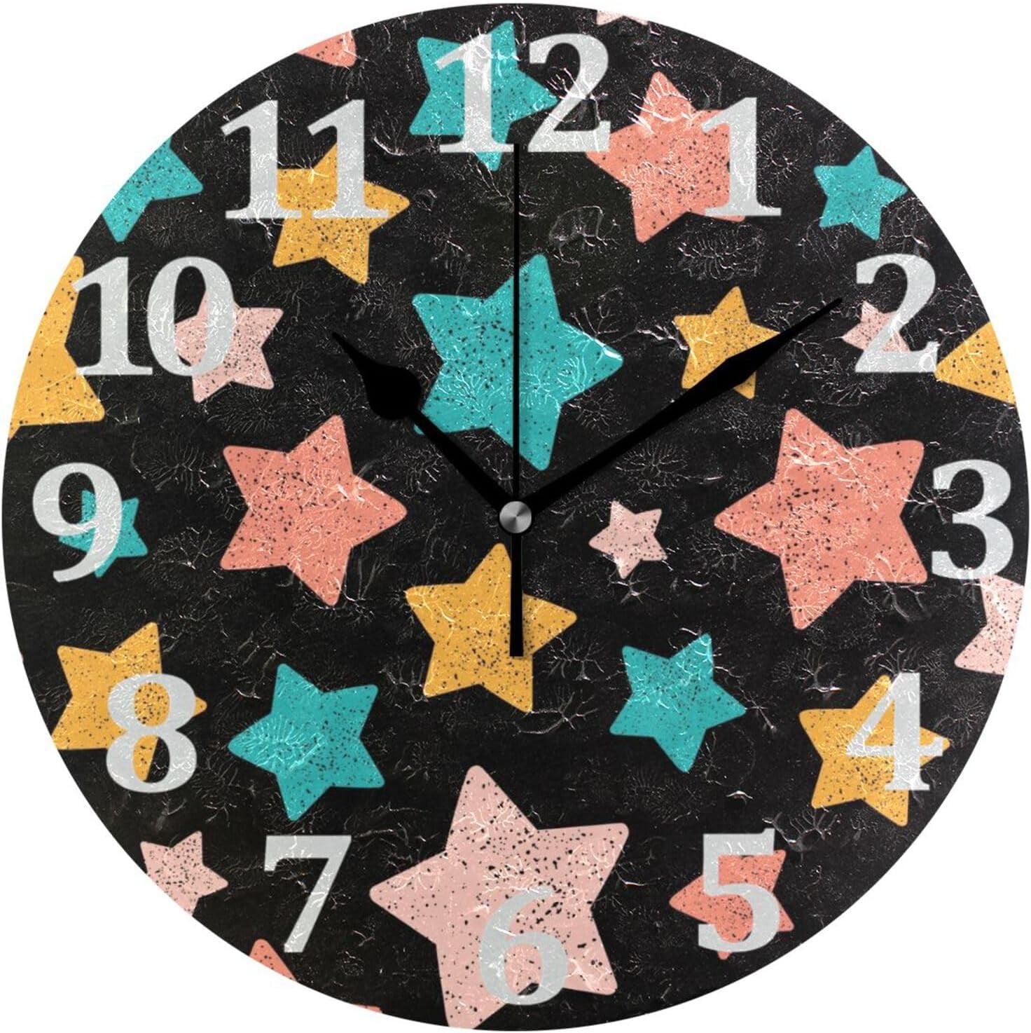 Colorful Stars Wall Clock Round Vintage Silent Non Ticking Battery ...