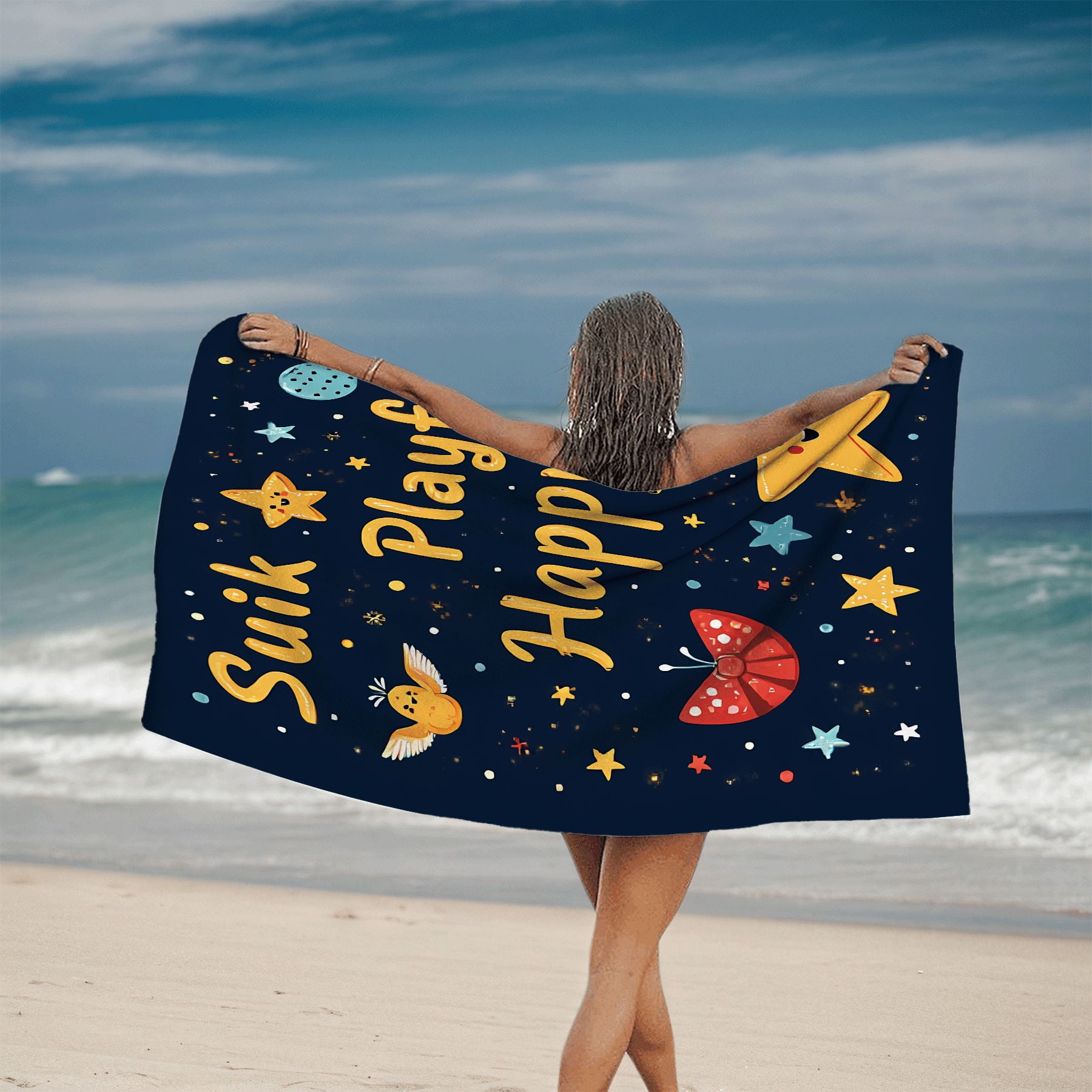 Colorful Stars & Whimsical Creatures Beach Towel - Playful Yellow Star ...