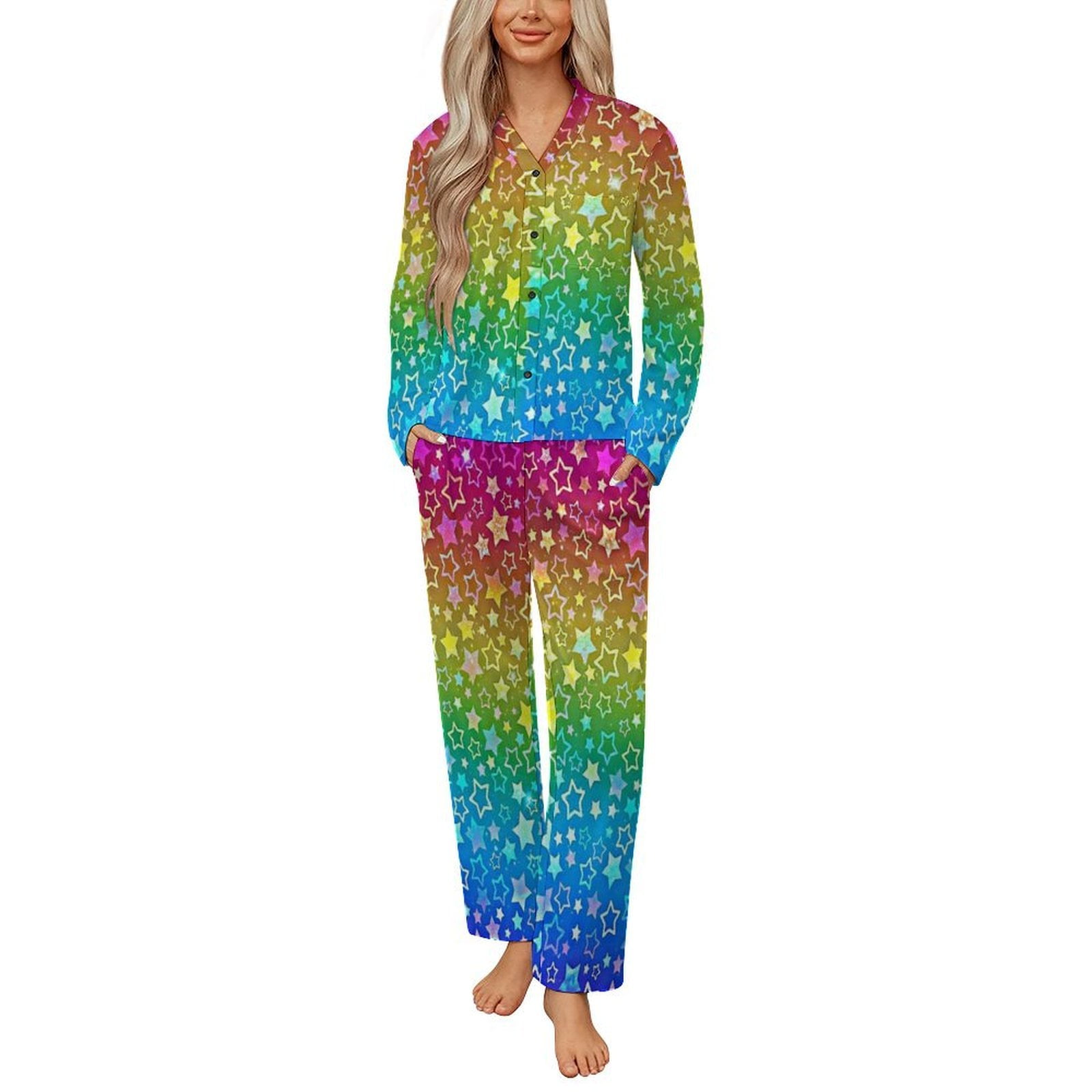 Colorful Stars Womens Pyjamas Set Button Up Pyjamas Womens with Long ...