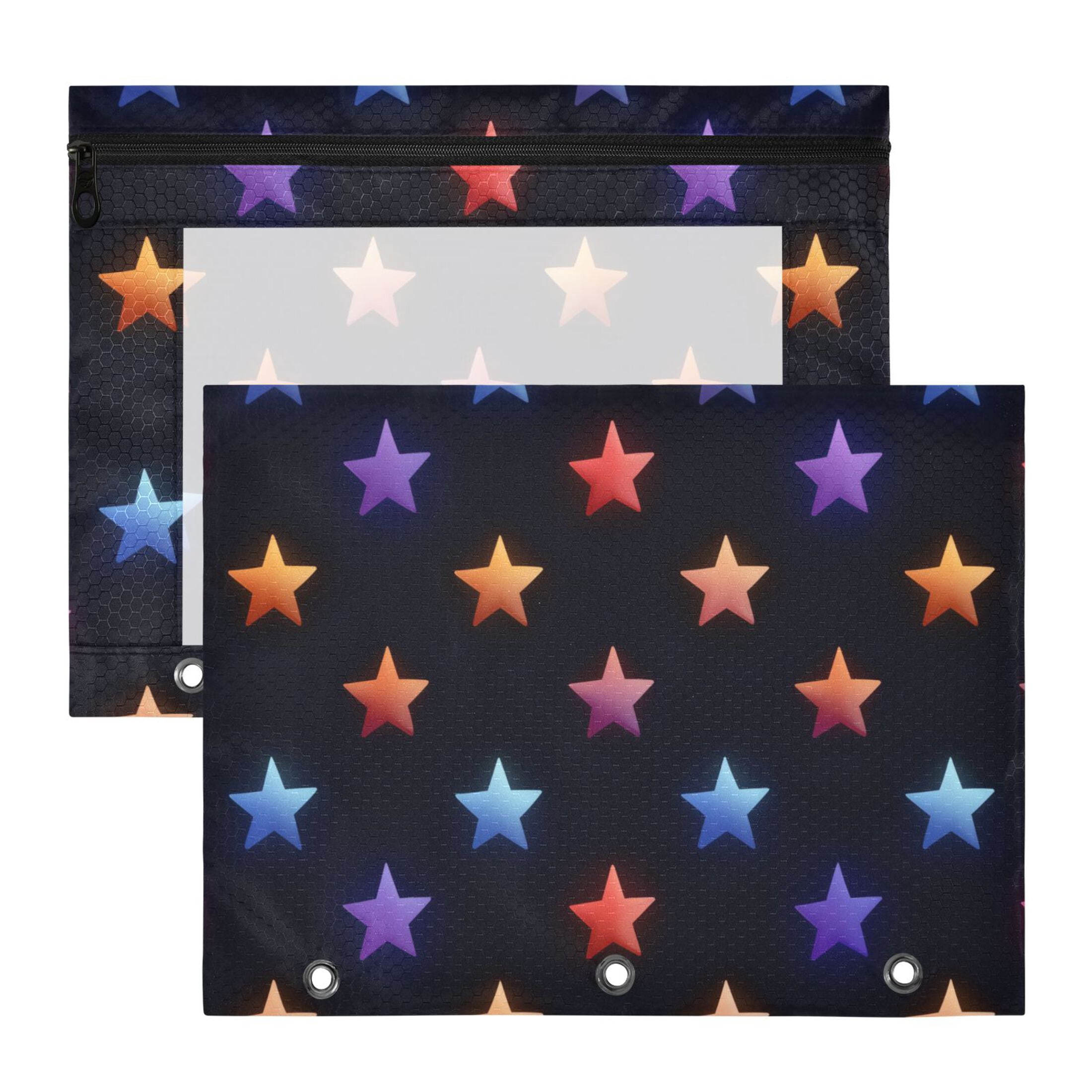 Colorful Stars on Black Background 3-Ring Binder Pocket with Zipper ...