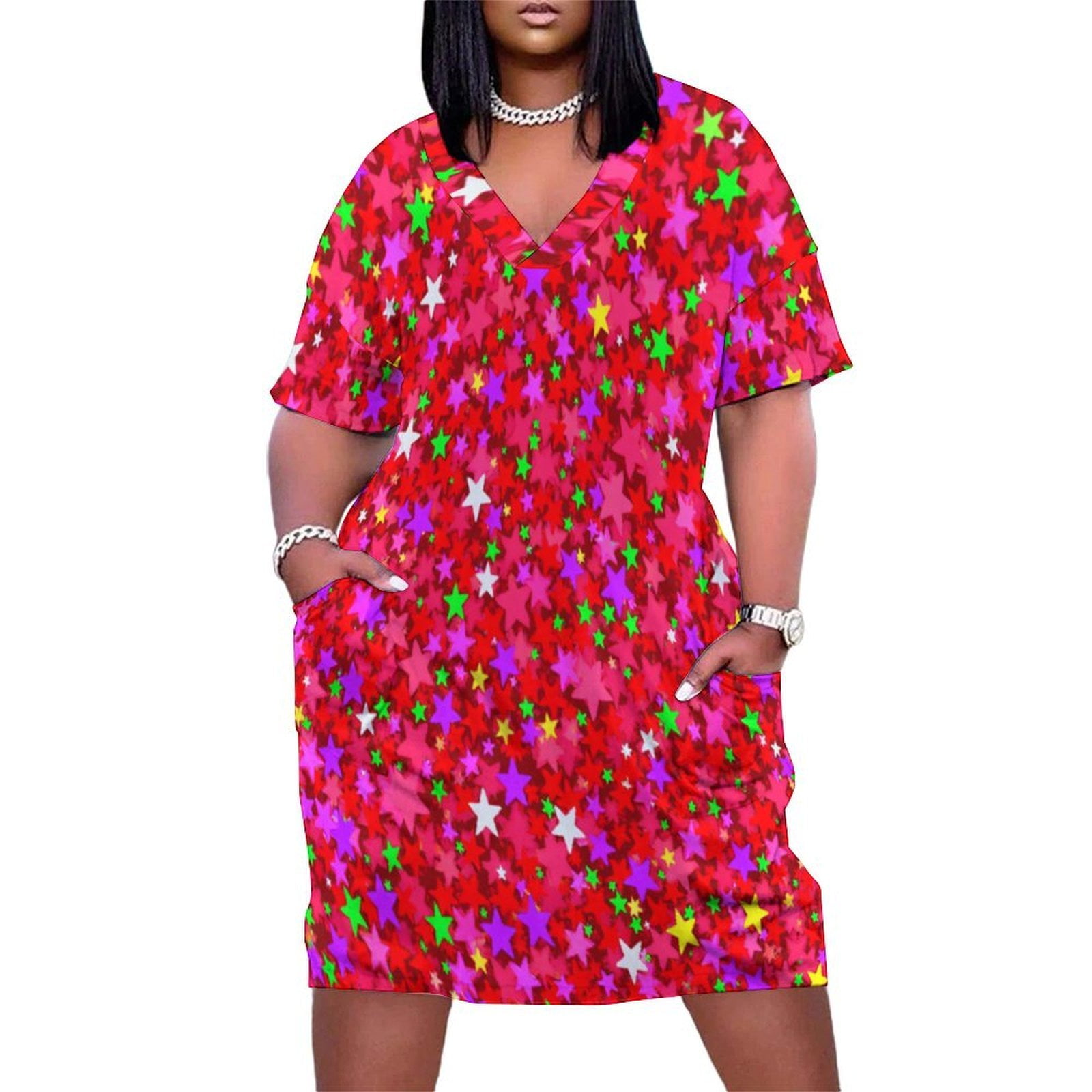 Colorful Stars on Red Loose Pocket Dress Dresses Summer Summer Dresses ...