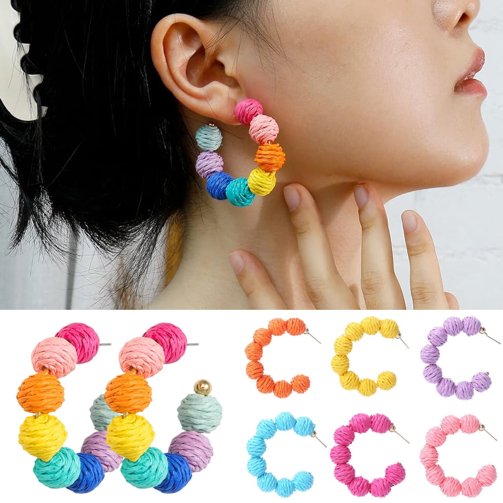 Colorful Statement Raffia Hoop Dangle Earrings for Women - Boho Circle Beaded Earrings - Fun ...