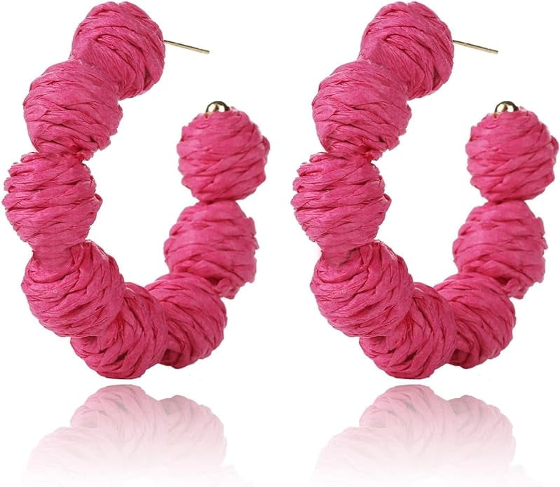 Colorful Statement Raffia Hoop Dangle Earrings for Women - Boho Circle Beaded Earrings - Fun ...