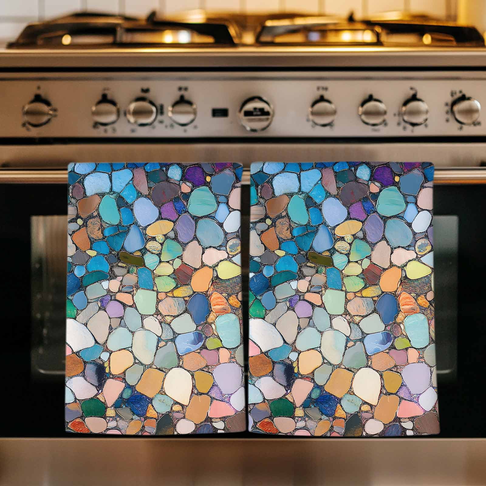 Colorful Stone Kitchen Towels Set of 2, Rainbow Abstract Oil Painting ...