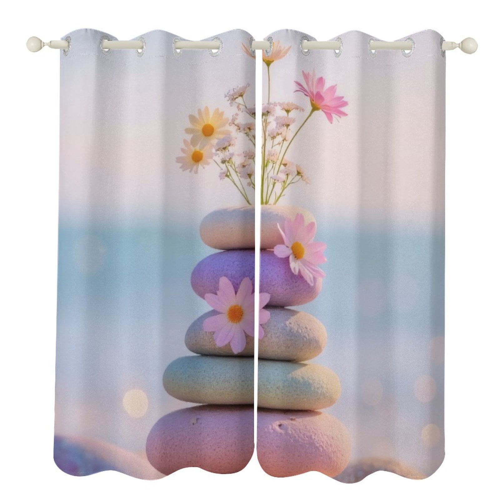 Colorful Stones with Flowers on Beach Luxury Window Curtains Blinds for ...