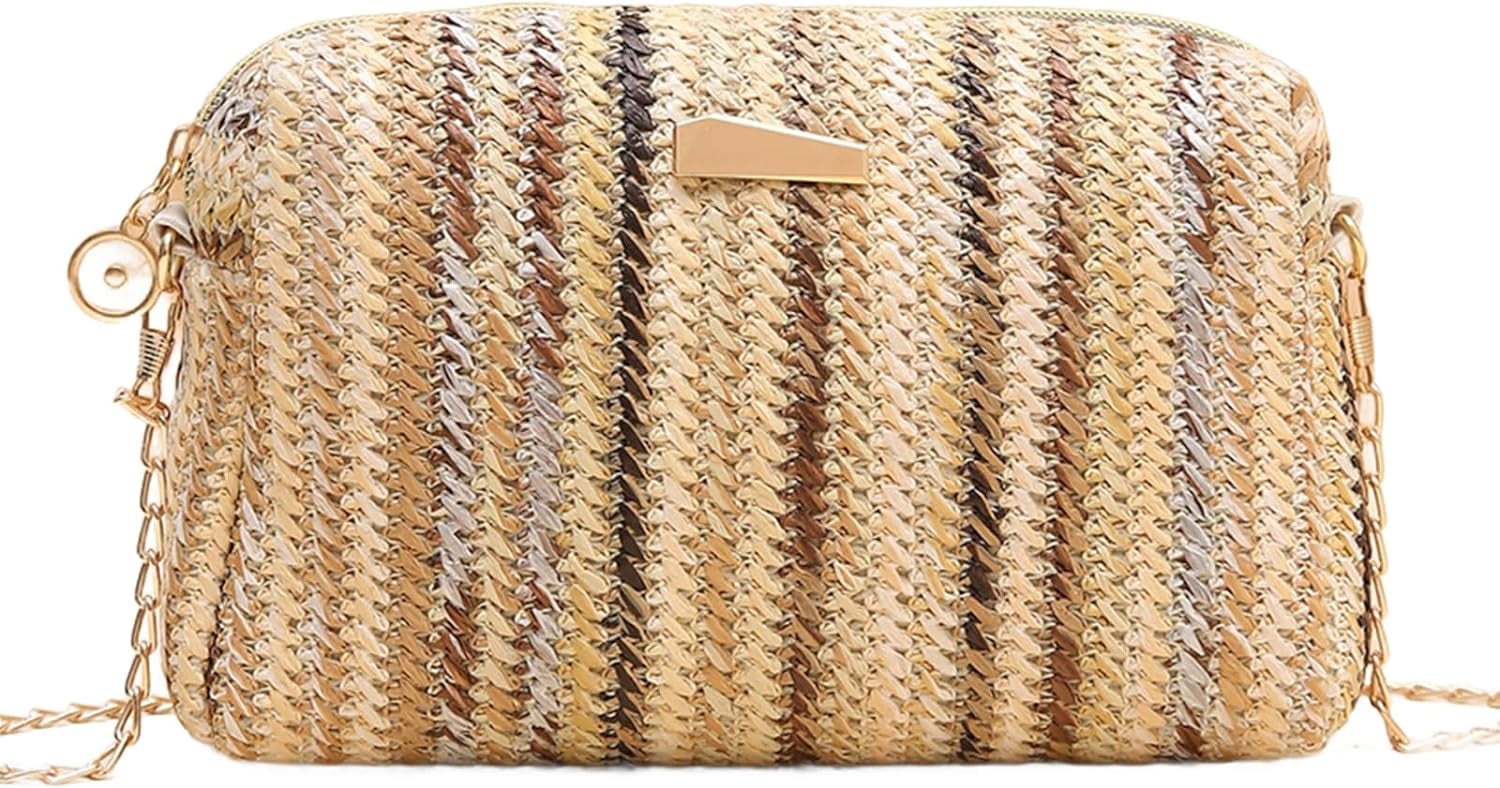 Colorful Straw Bag Women Woven Beach Bags Rainbow Pattern Shoulder Bag ...