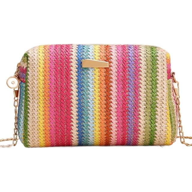 Colorful Straw Bag Women Woven Beach Bags Rainbow Pattern Shoulder Bag ...