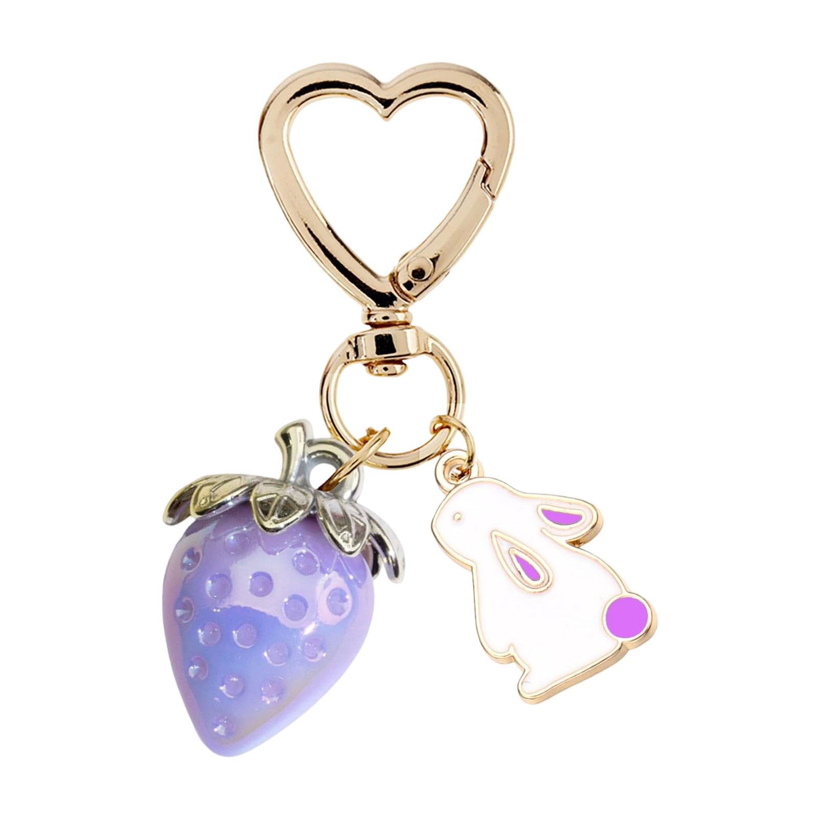 Colorful Strawberry & Bunny Keychain Set - Gold Heart Clasp with ...