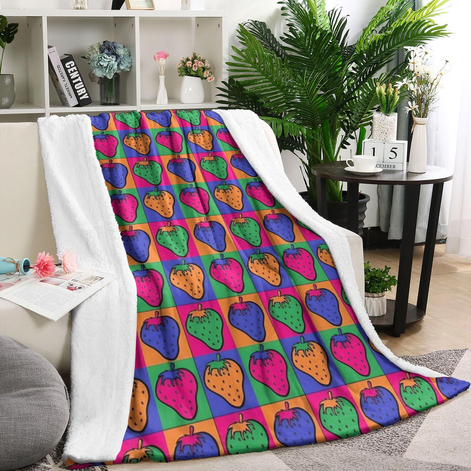 Colorful Strawberry Plants Fruit Checkered Blanket,Comfortable Soft Lamb Wool Throw Blanket,All ...