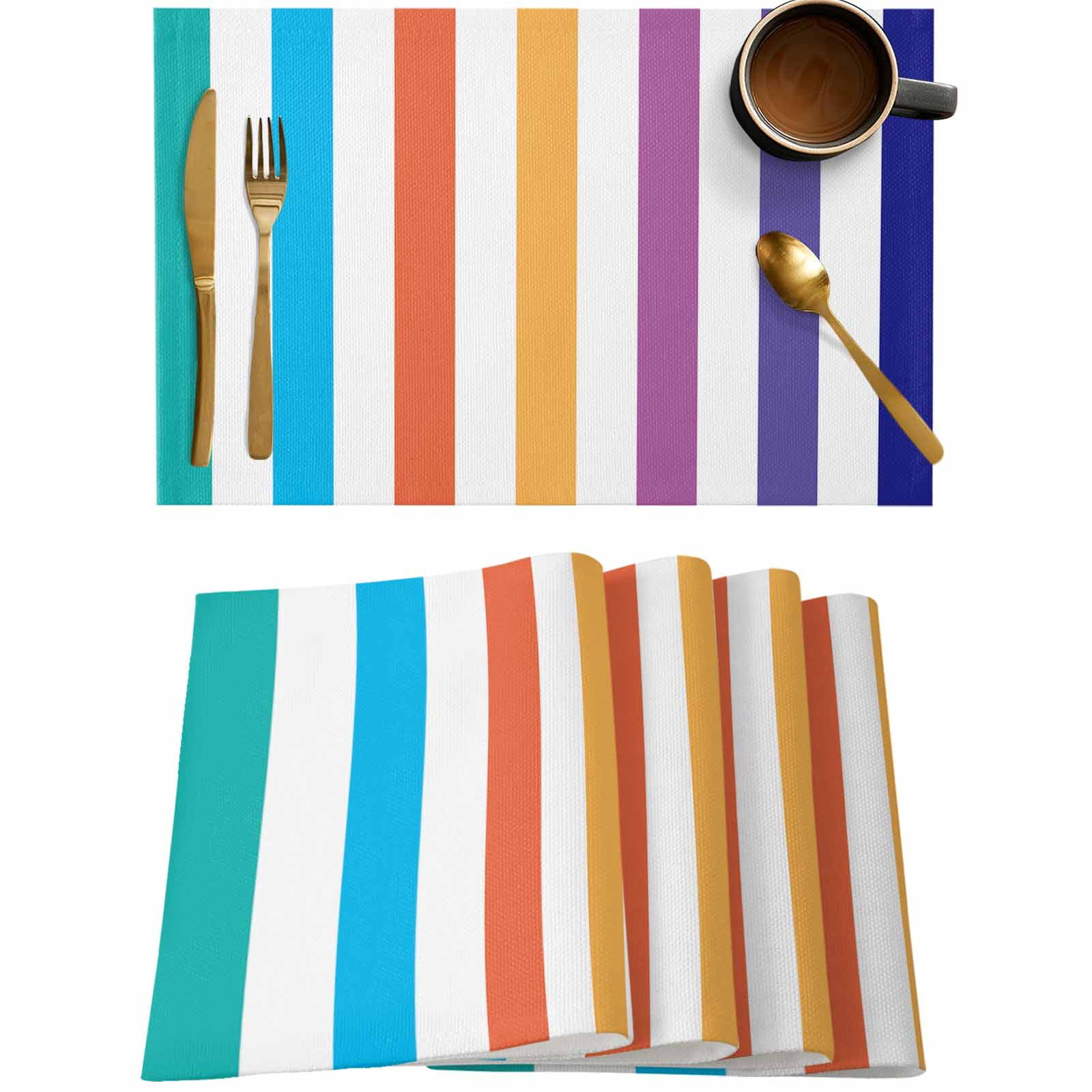 Colorful Stripe Rainbow Line Placemats Set of 4,Wipeable Washable Table ...
