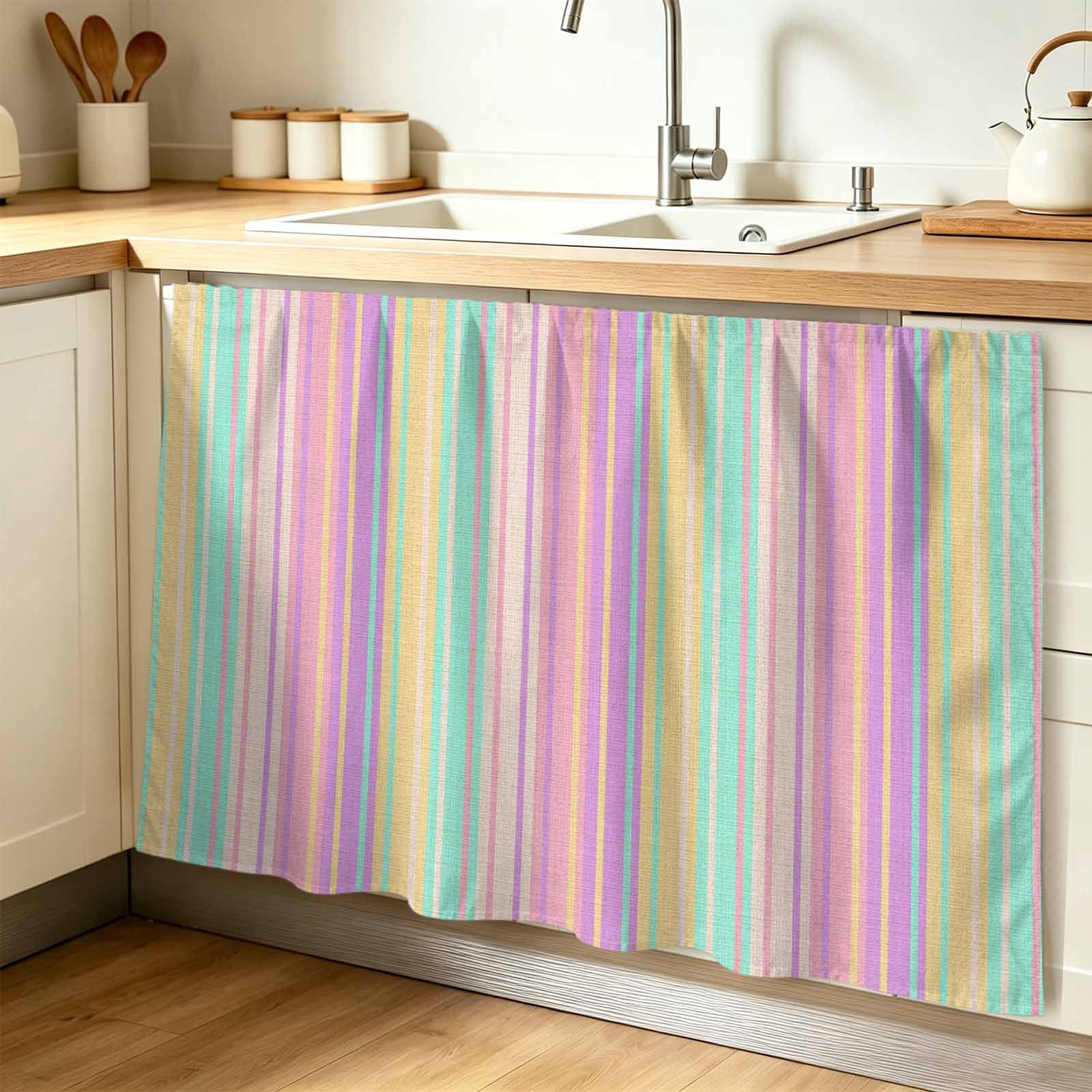 Colorful Striped Cabinet Curtain, Yellow Stripe Vintage Linen Texture ...
