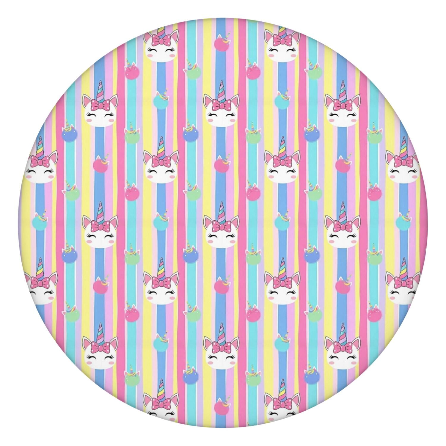 Colorful Striped Cartoon Unicorn Pattern Round Fitted Tablecloth with ...