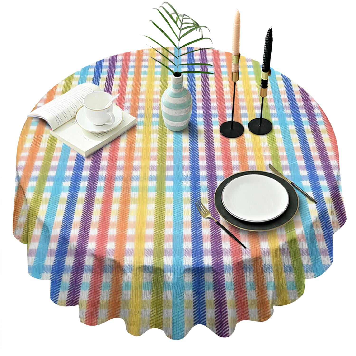 Colorful Striped Checkered Pattern Round Tablecloth 60"x60",Wrinkle ...