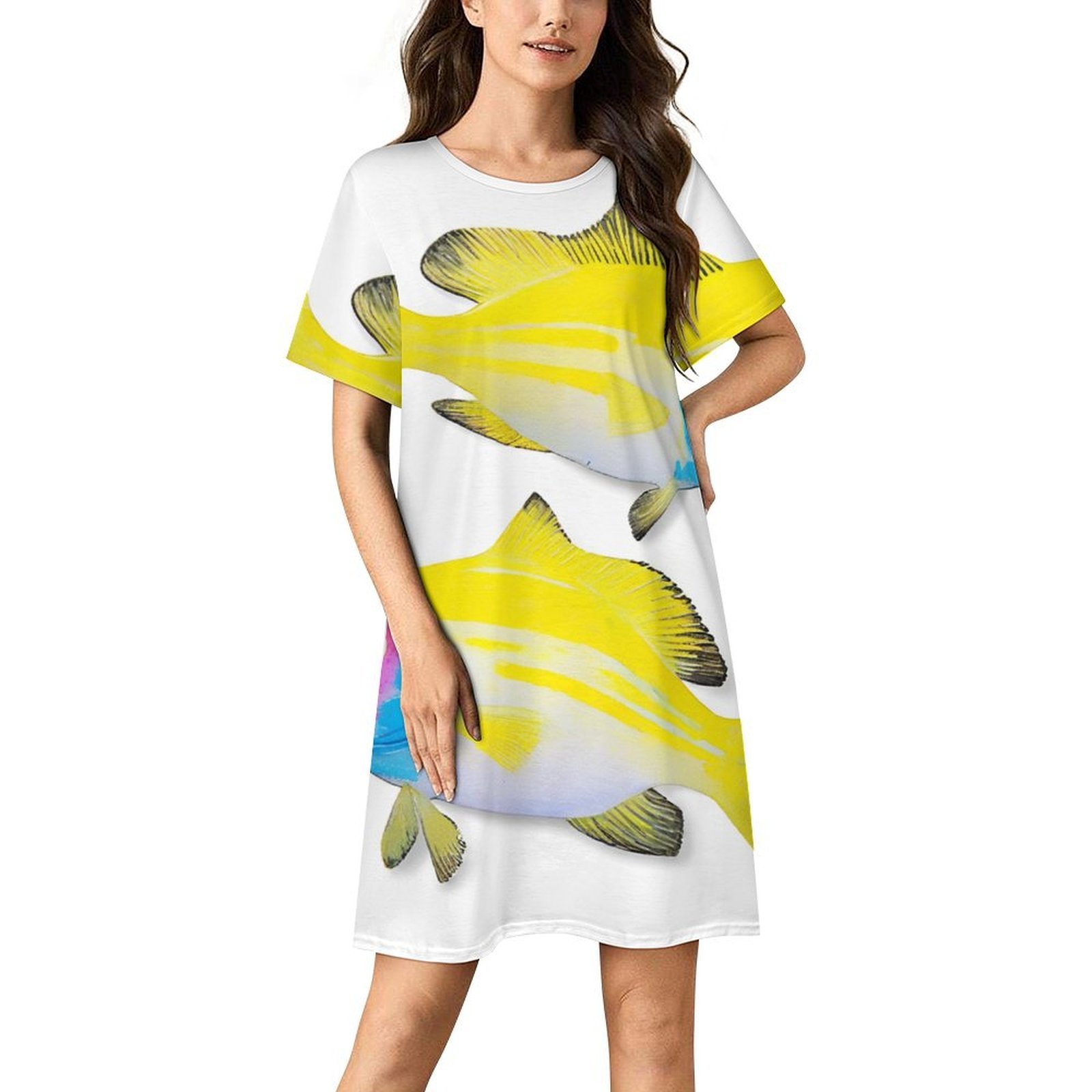 Colorful Striped Fish Art Women Nightgown Sleepwear Short Sleeves For ...
