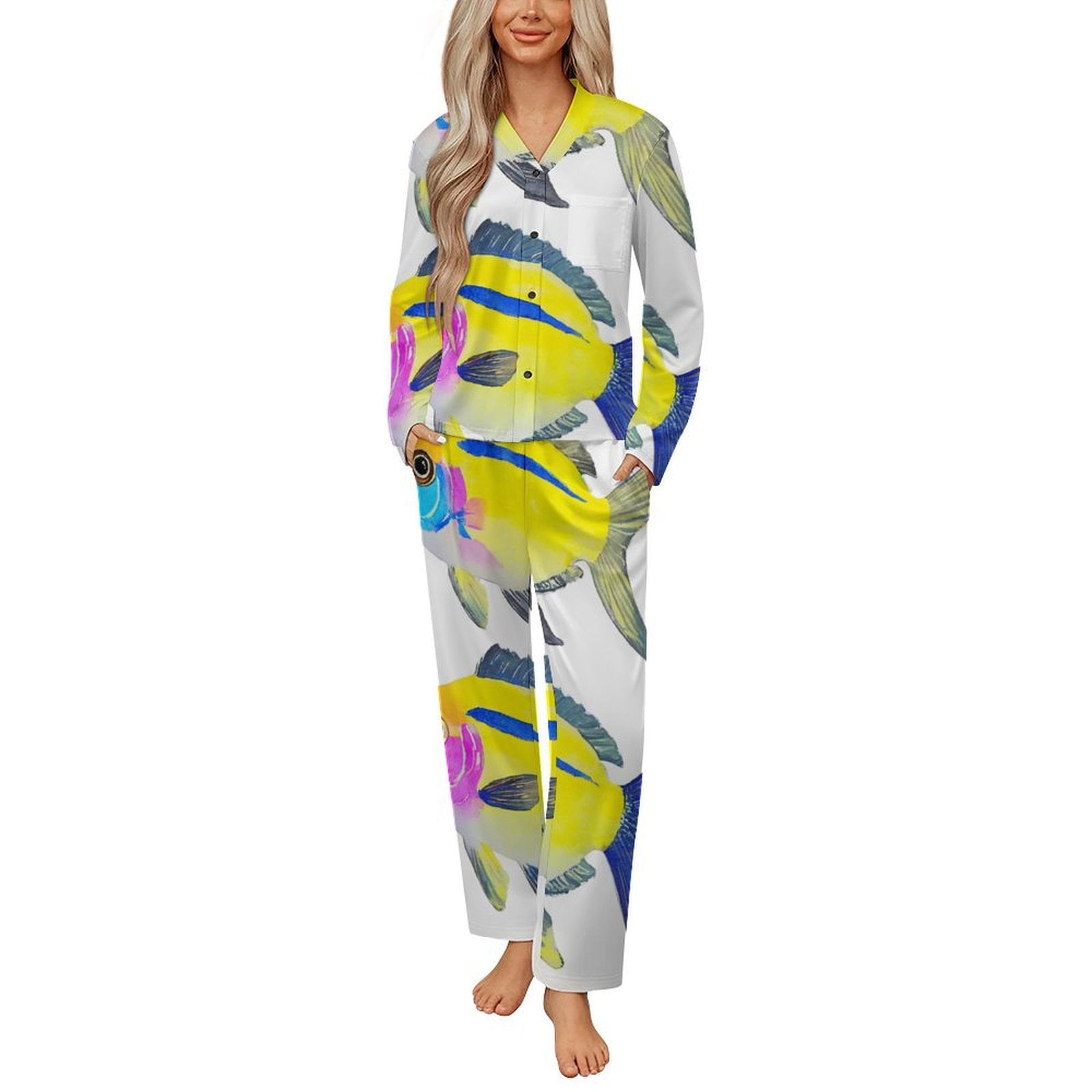 Colorful Striped Fish Art Womens Pyjamas Set Button Up Pyjamas Womens ...