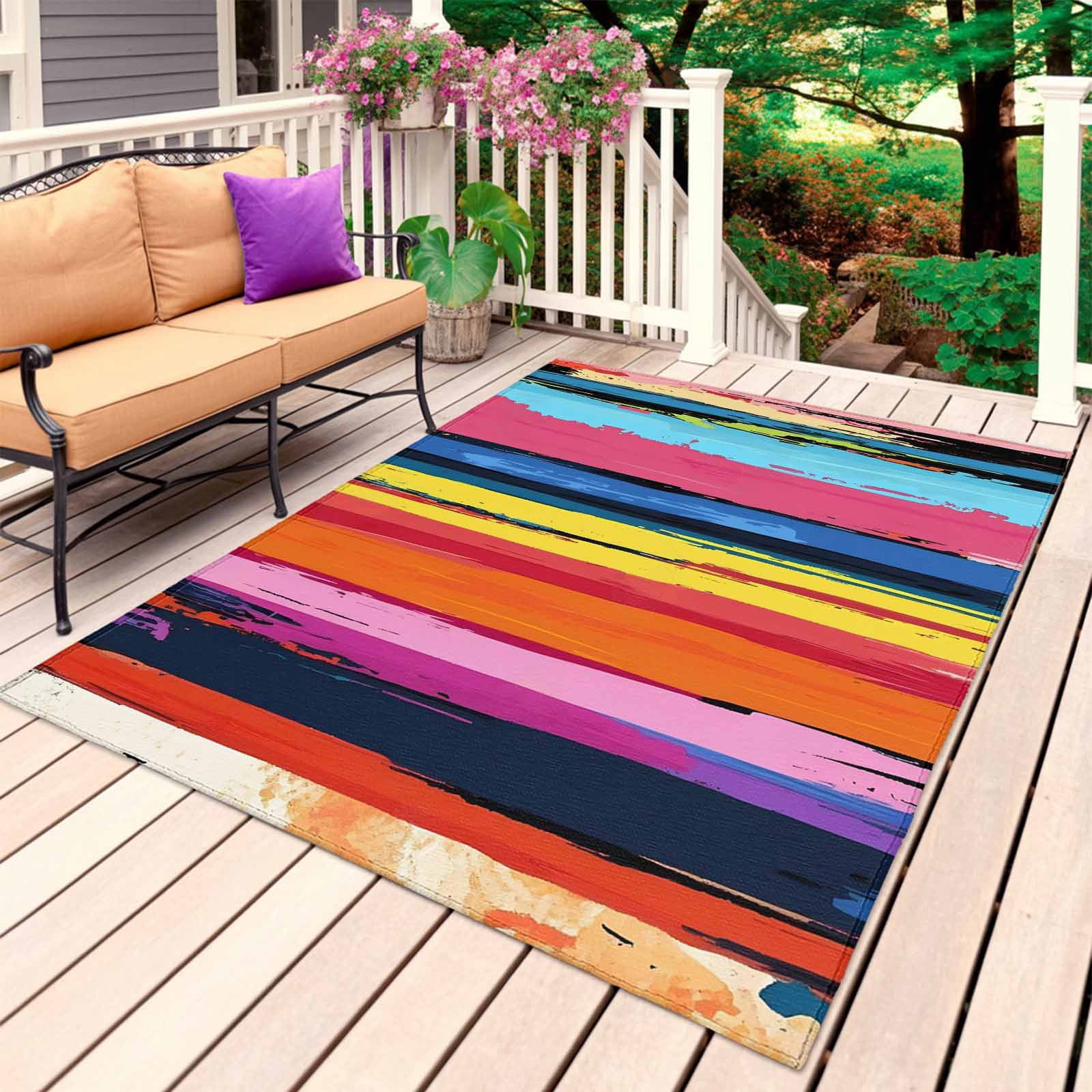 Colorful Striped Outdoor Rug 3x5 Ft, Non Slip Washable Area Rug, Modern ...