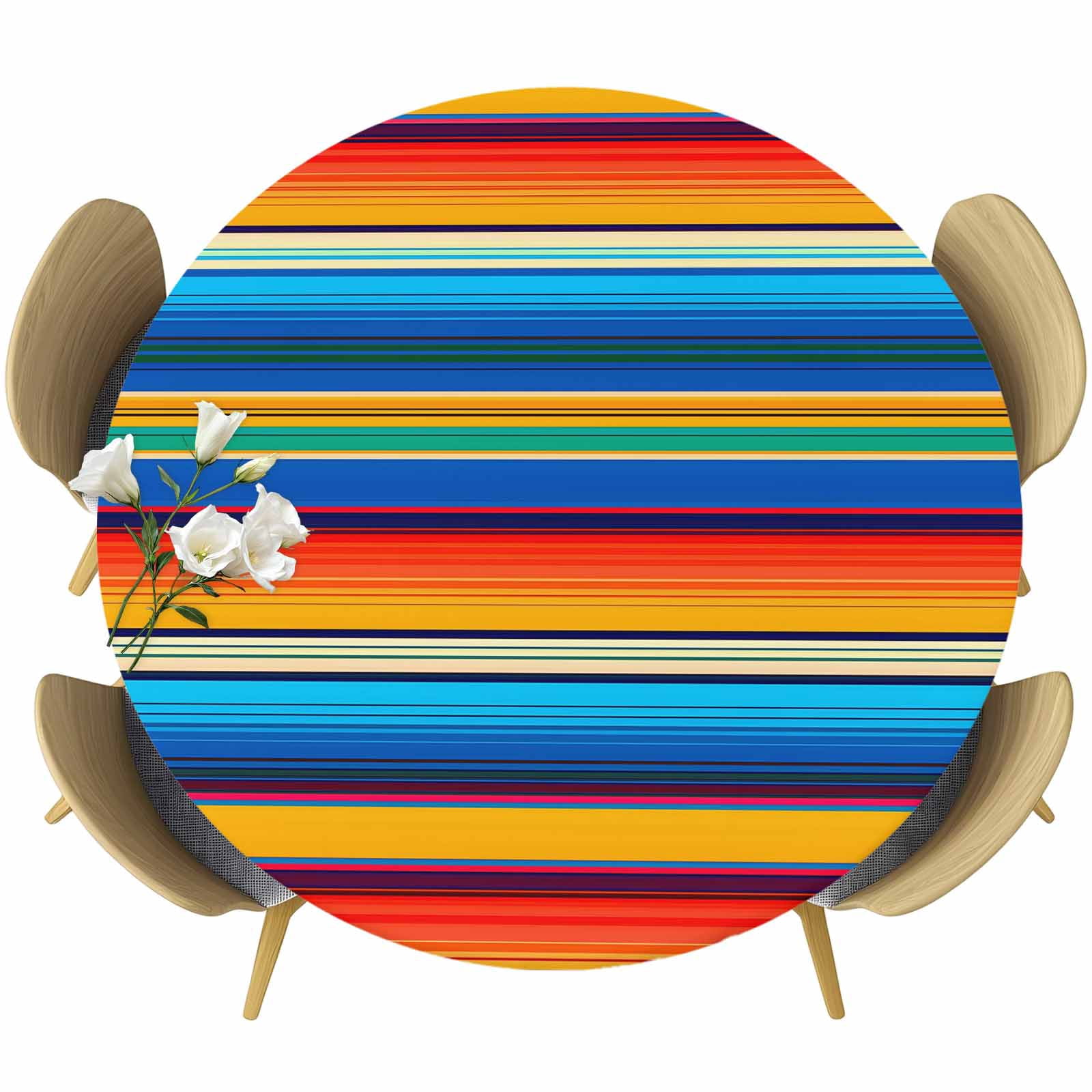 Colorful Striped Round Tablecloth, Fitted Table Cover with Elastic for ...