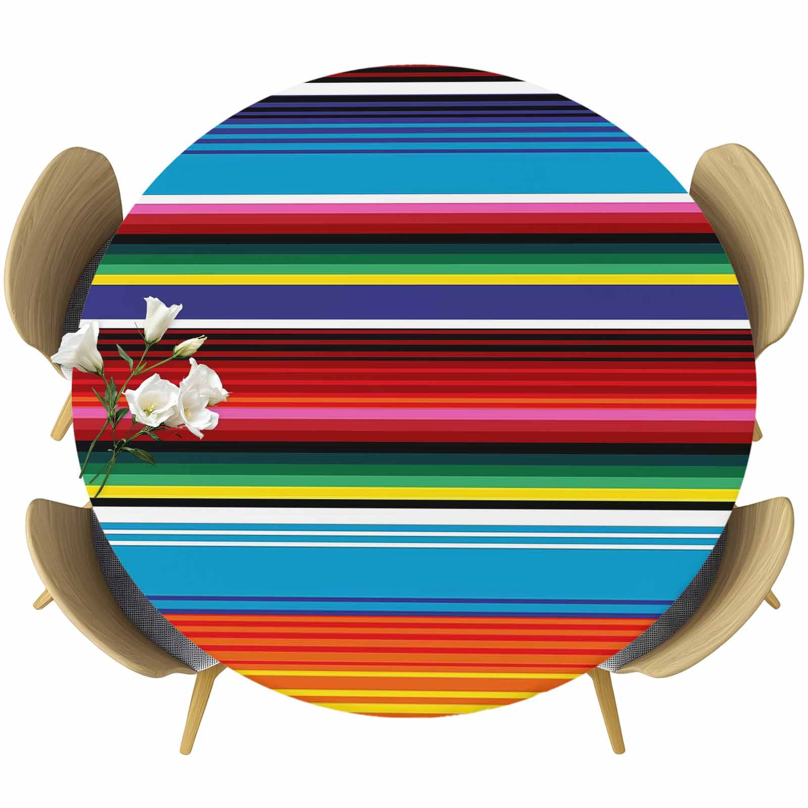Colorful Striped Round Tablecloth, Fitted Table Cover with Elastic for ...