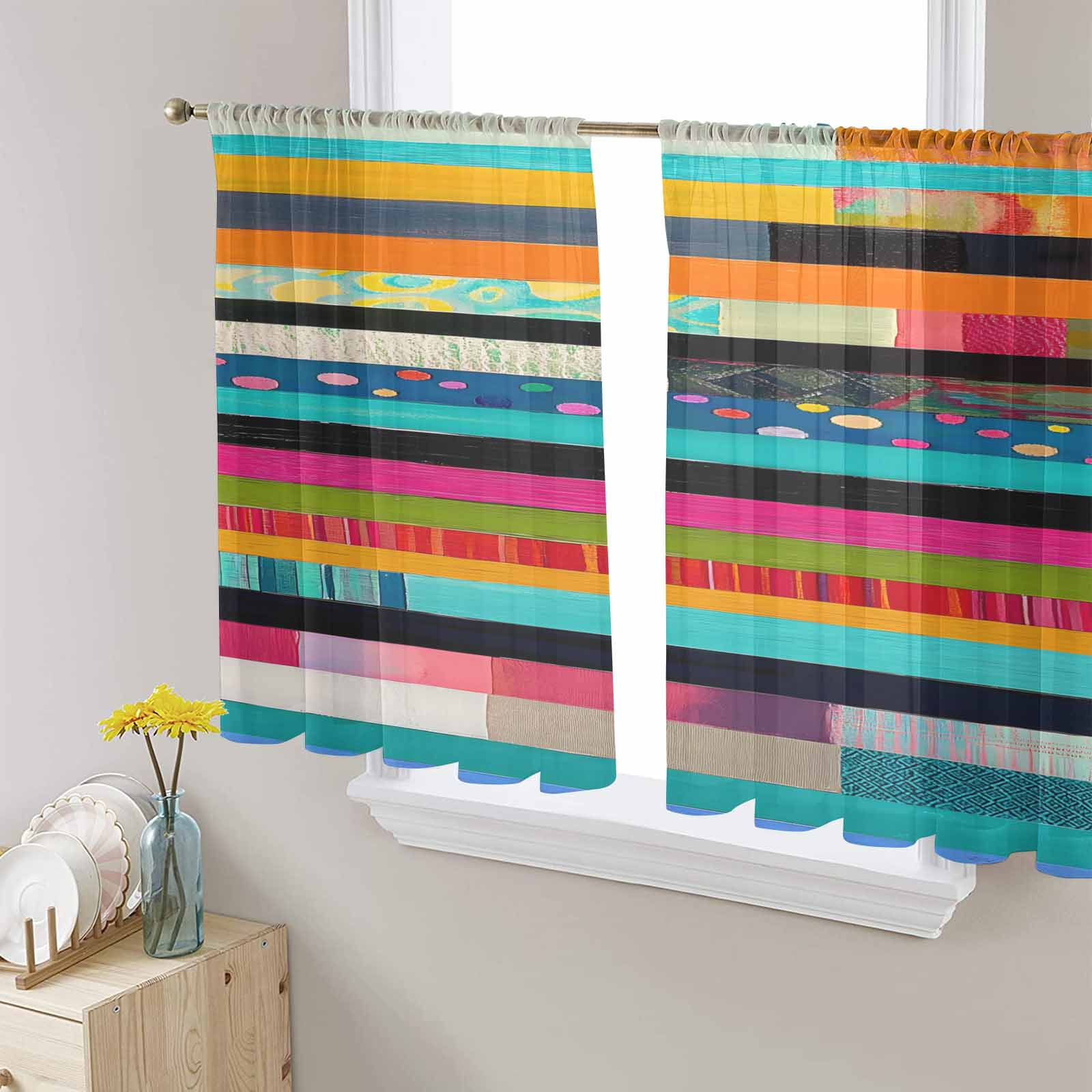 Colorful Striped Sheer Curtains 54 Inches Length 2 Panels Set, Window ...