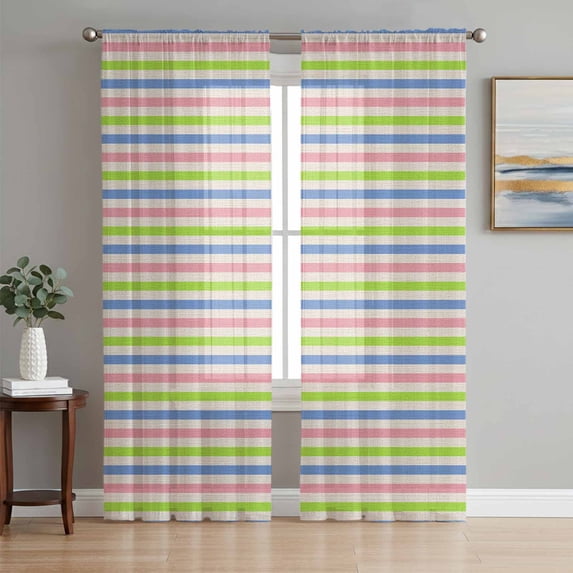 Colorful Striped Sheer Curtains 63 Inch Length 2 Panels Set, Geometric ...