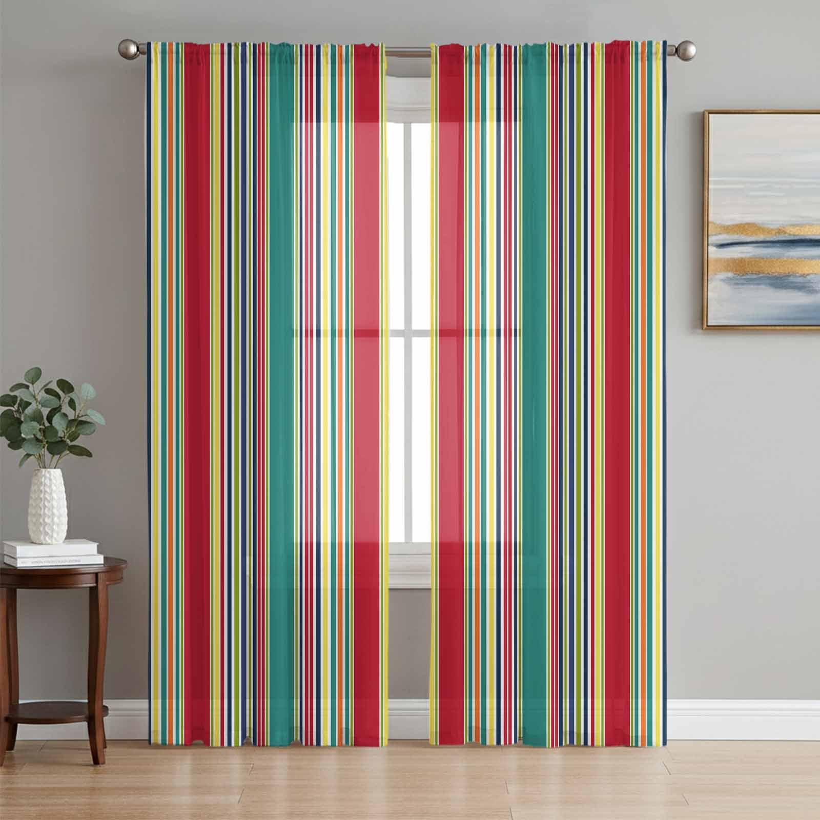 Colorful Striped Sheer Curtains 84 Inch Length 2 Panels Set, Boho ...