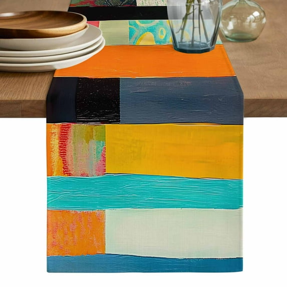 Colorful Striped Table Runner, Modern Abstract Art Retro Washable ...