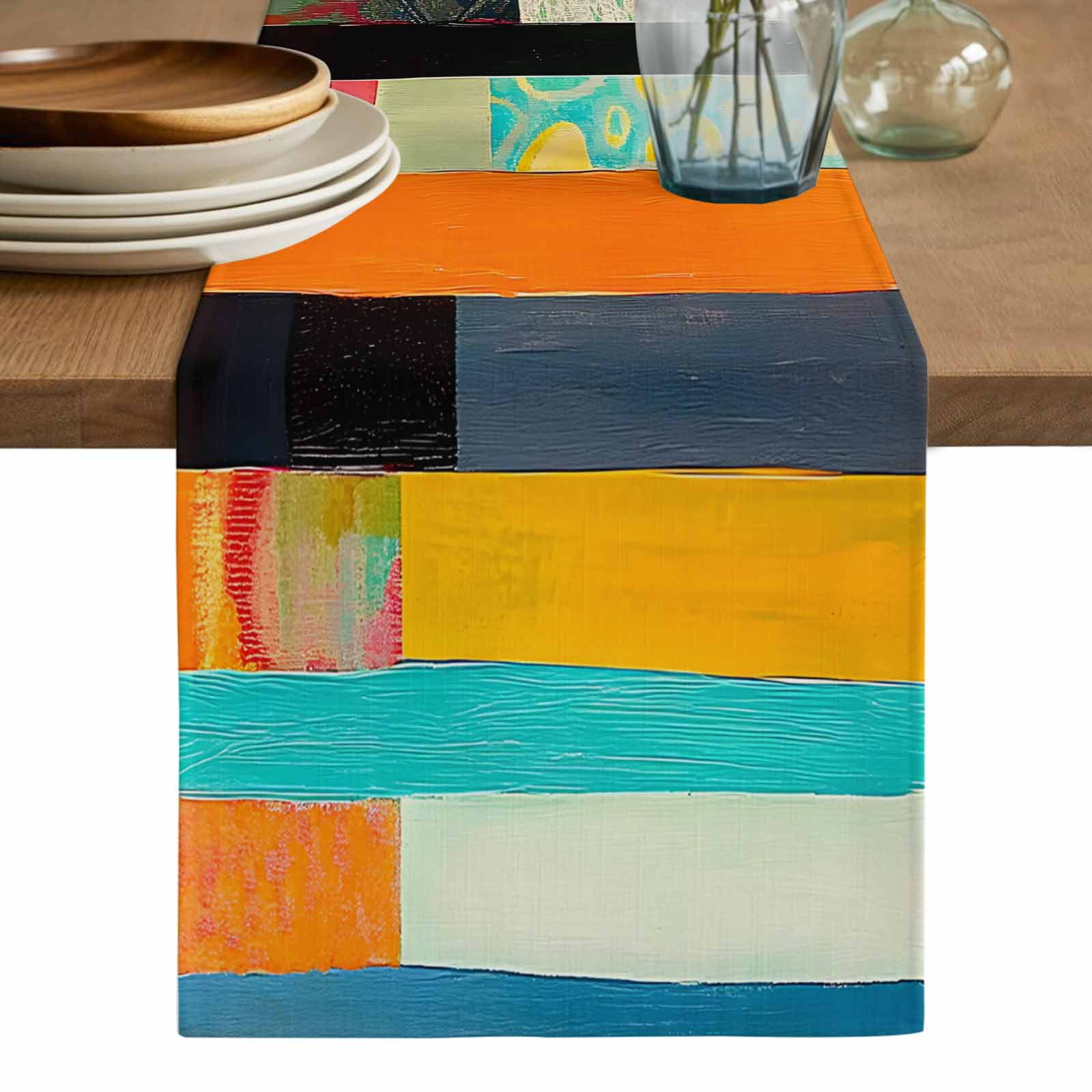 Colorful Striped Table Runner, Modern Abstract Art Retro Washable ...