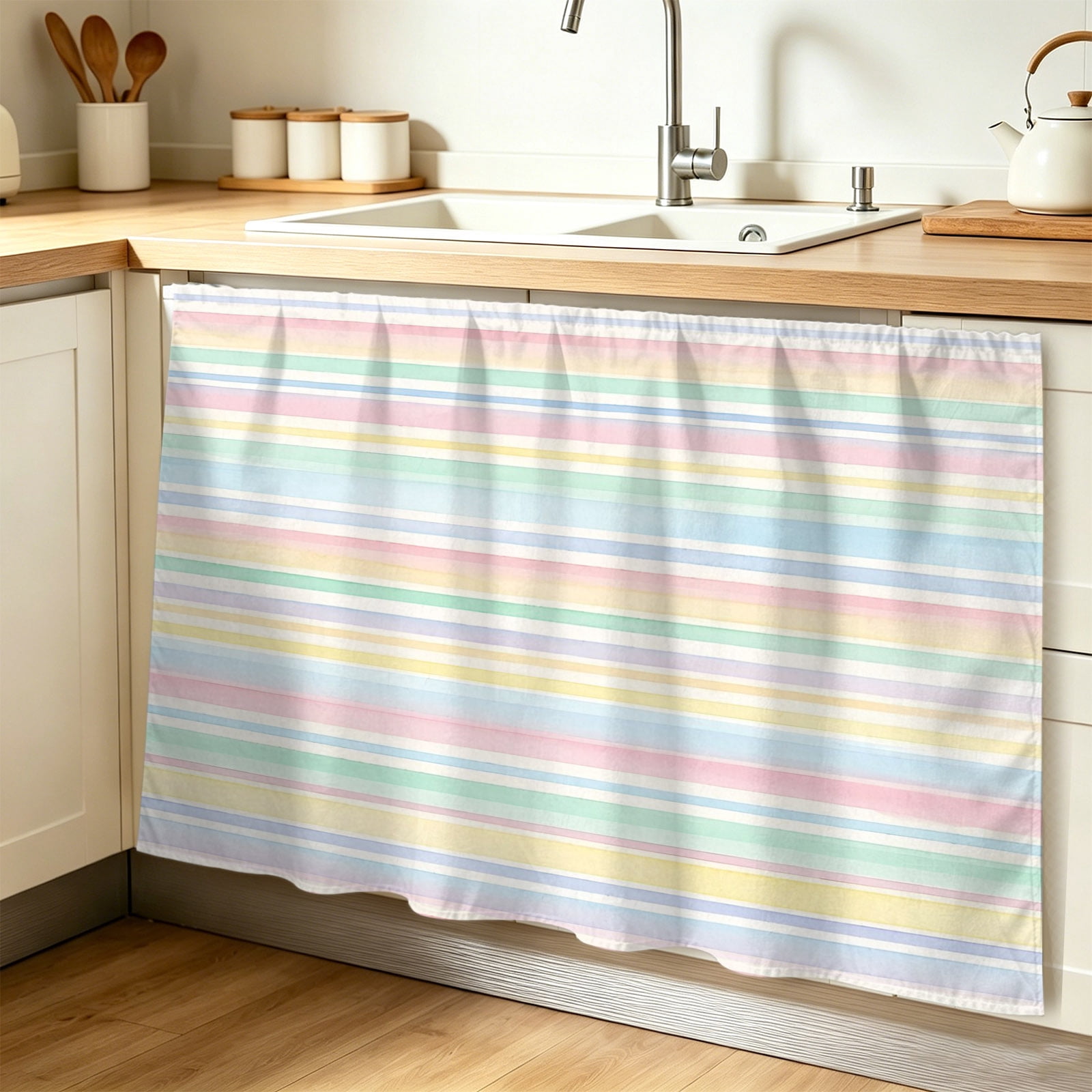 Colorful Stripes Cabinet Curtain, Watercolor Rainbow Farmhouse Sink ...
