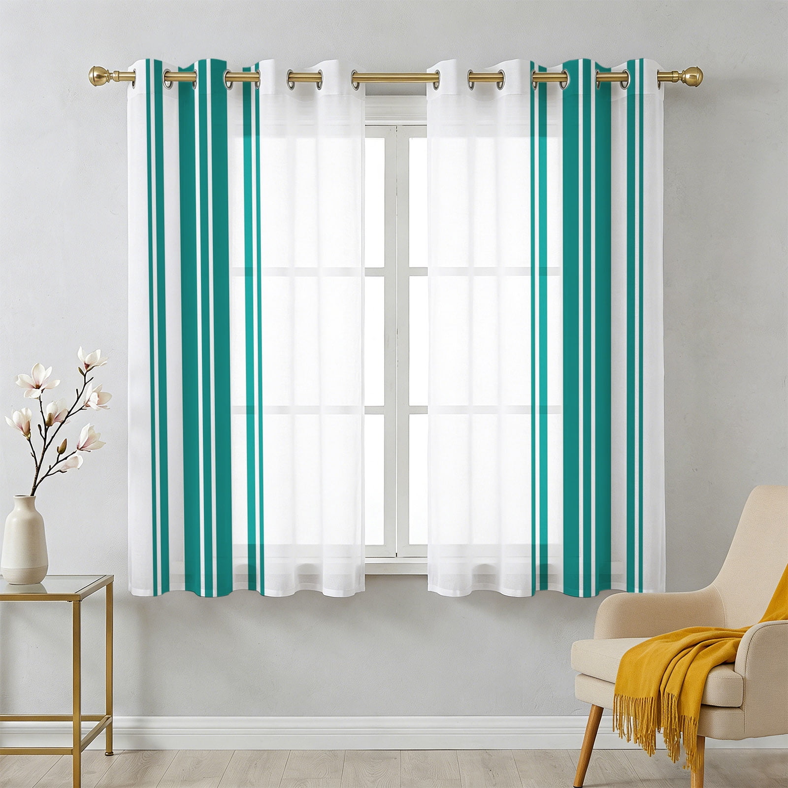 Colorful Stripes Sheer Curtains 45 Inch Long 2 Panels, Teal Green Wood ...