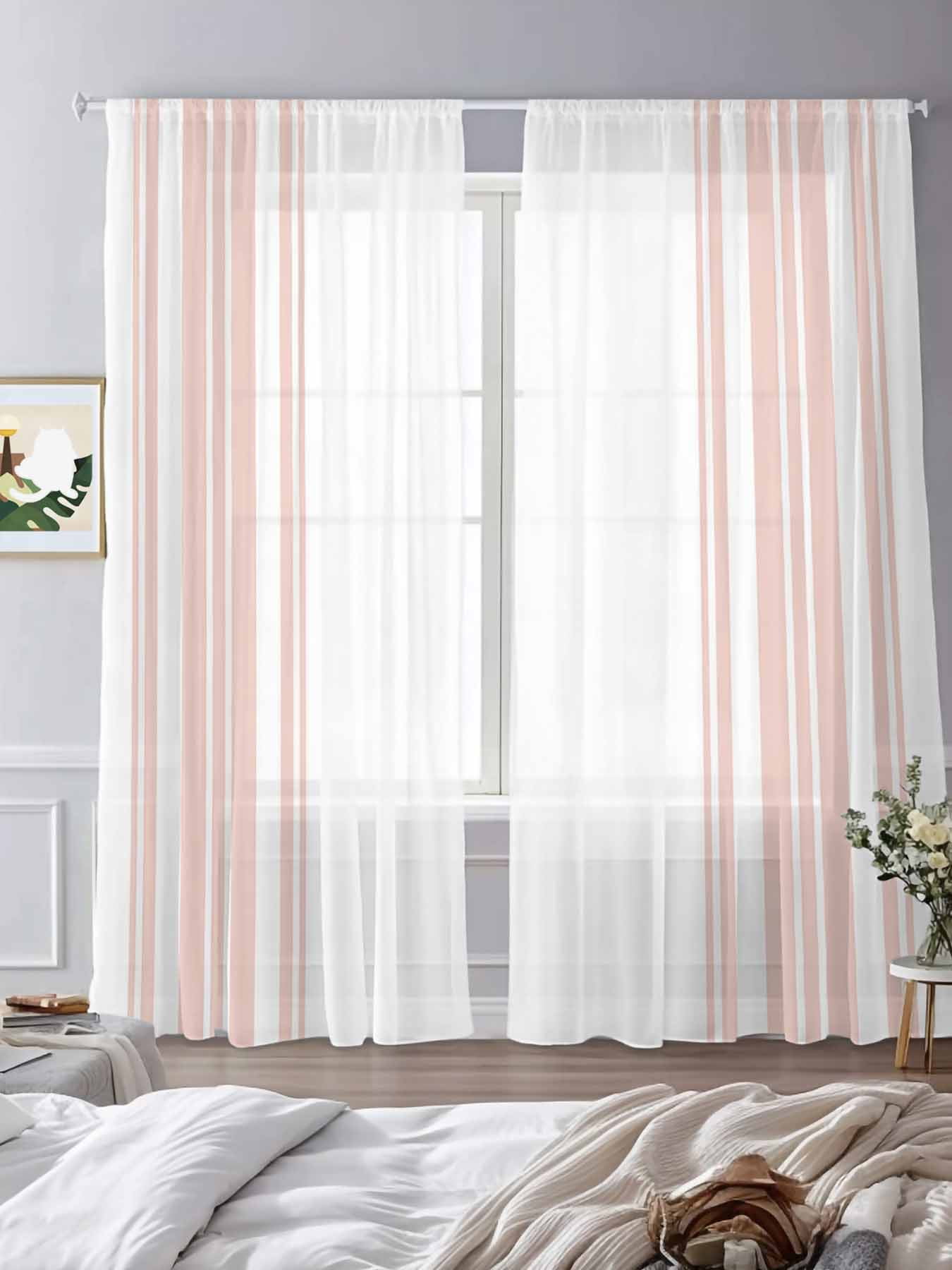 Colorful Stripes Sheer Curtains 96 inches Long 2 Panels Set Pink Wood ...