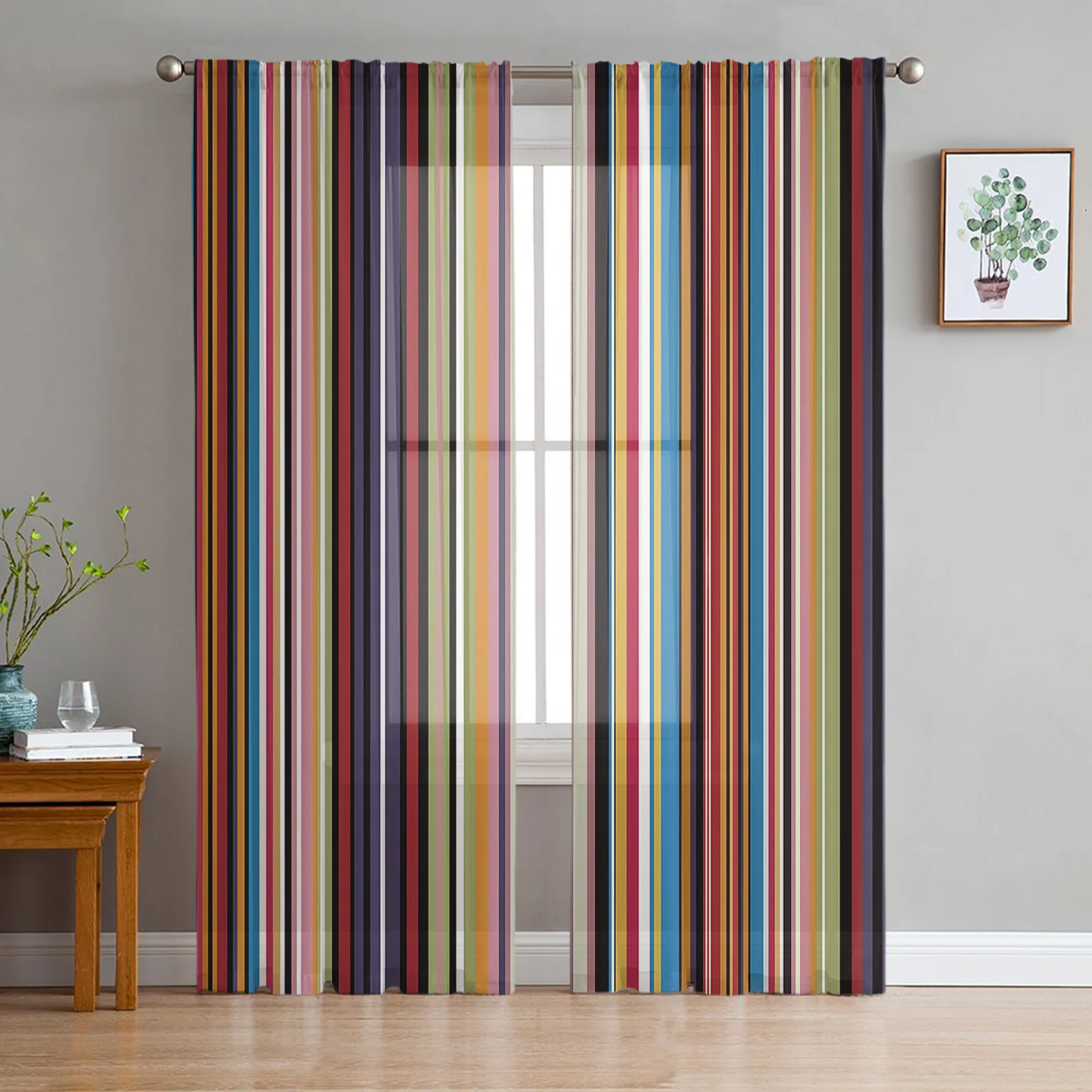 Colorful Stripes Sheer Curtains for Bedroom Living Room ration Window ...