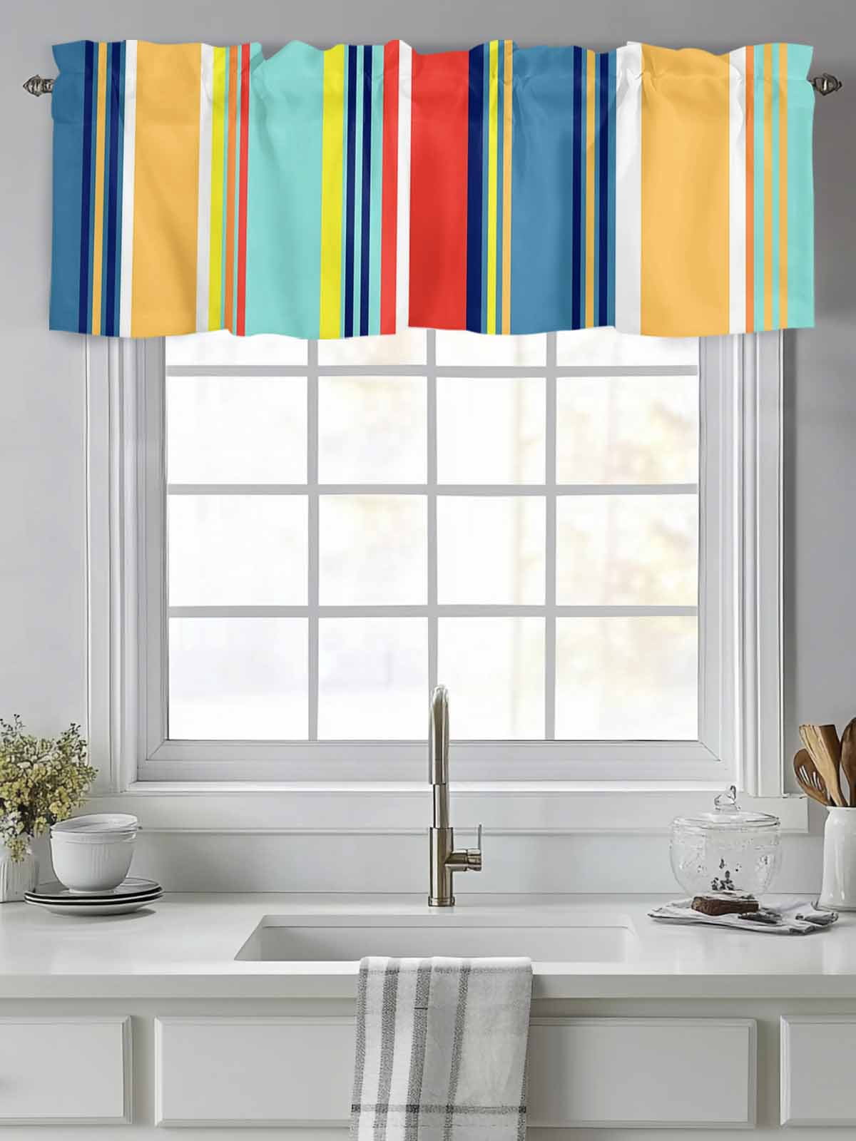 Colorful Stripes Watercolor Valances for Windows,Kitchen Valance Rod ...