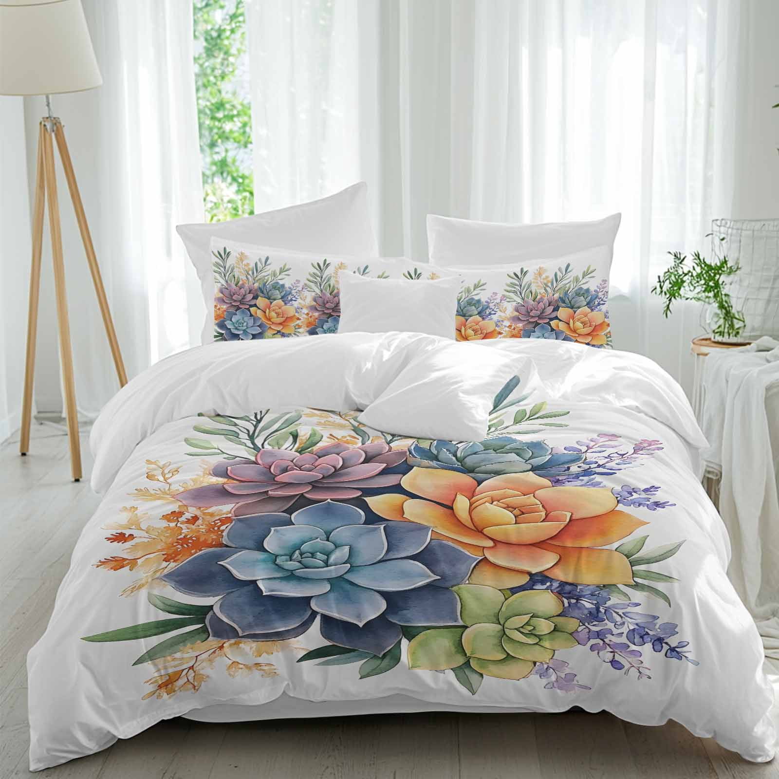 Colorful Succulents Full Duvet Cover Set, Spring Green Purple Flower ...