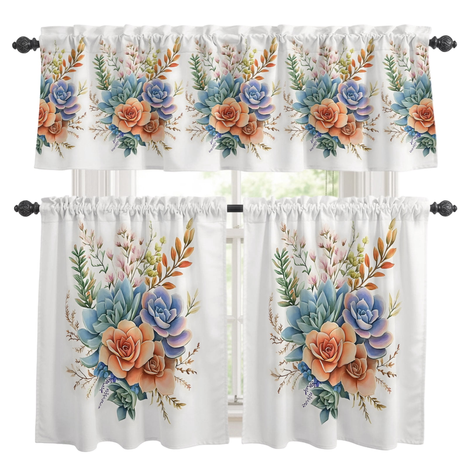 Colorful Succulents Kitchen Curtains Valance and Tier Set Spring Green ...