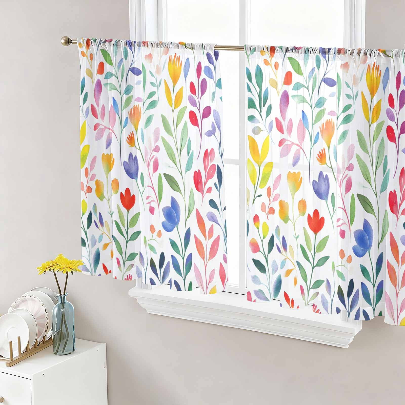 Colorful Summer Botanical Sheer Curtains 45 Inch Length 2 Panels Set ...