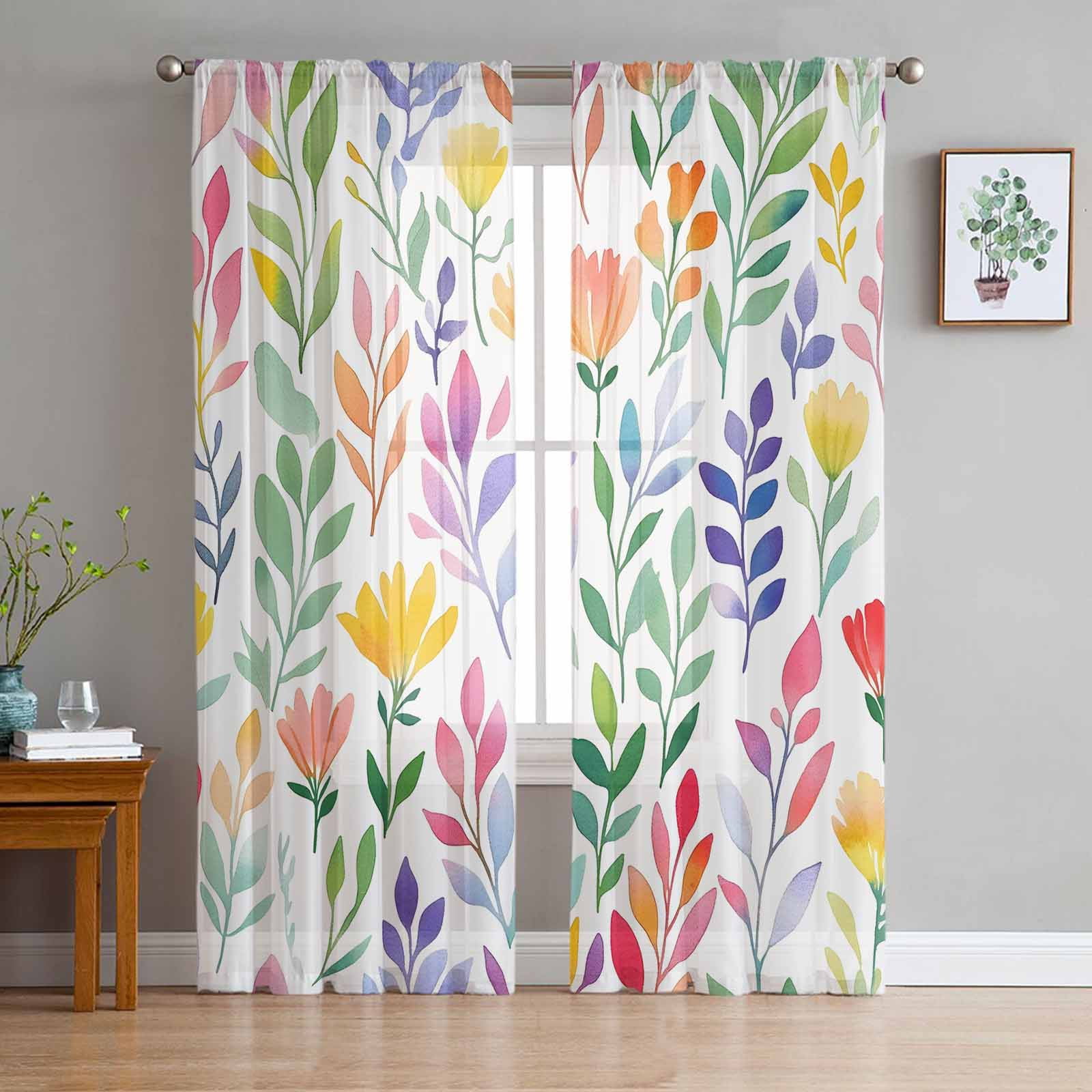 Colorful Summer Botanical Sheer Curtains 96 Inch Length 2 Panels Set ...