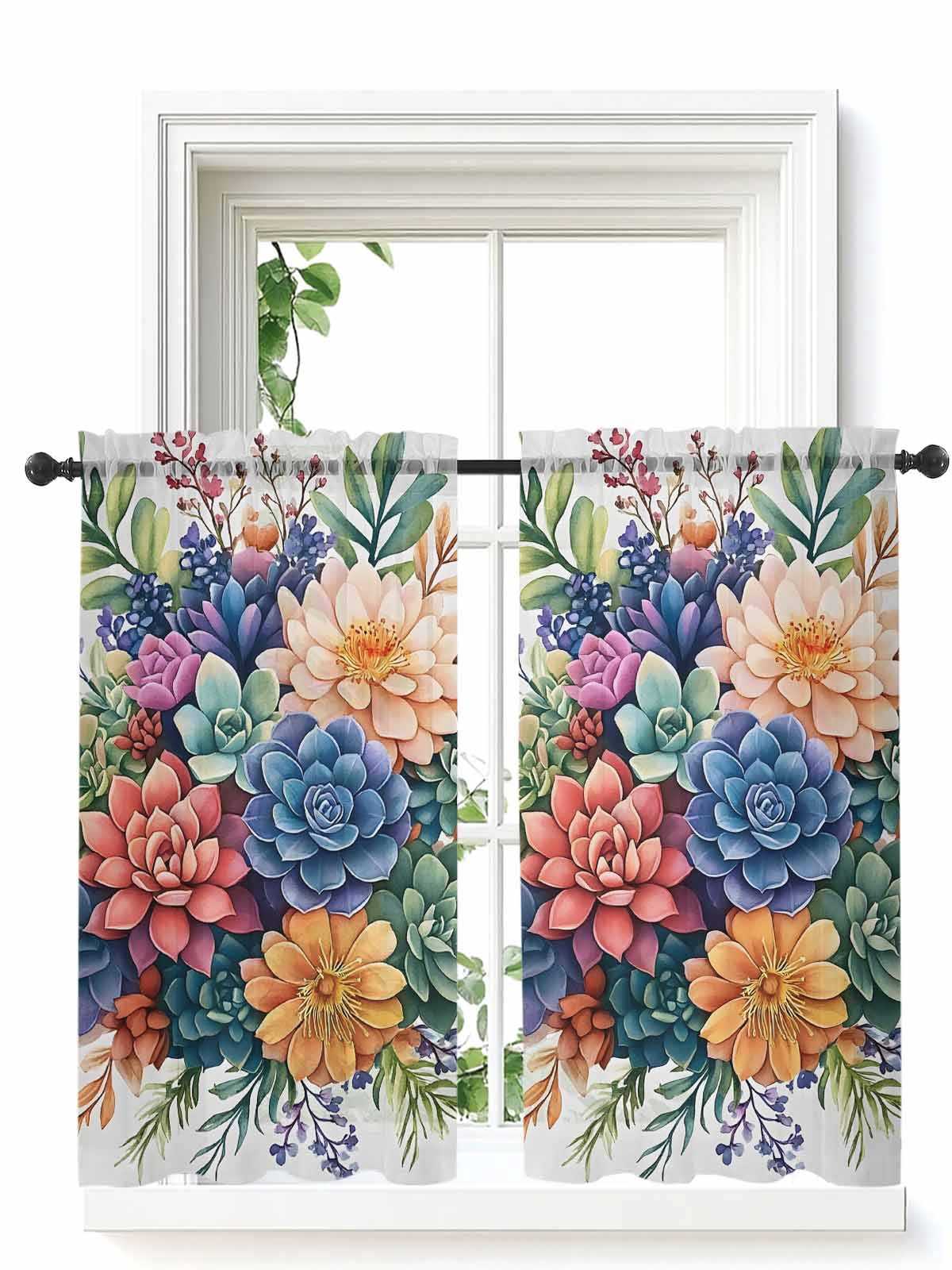 Colorful Summer Succulents Tier Curtains 45 Inch Length,Sheer Curtains ...