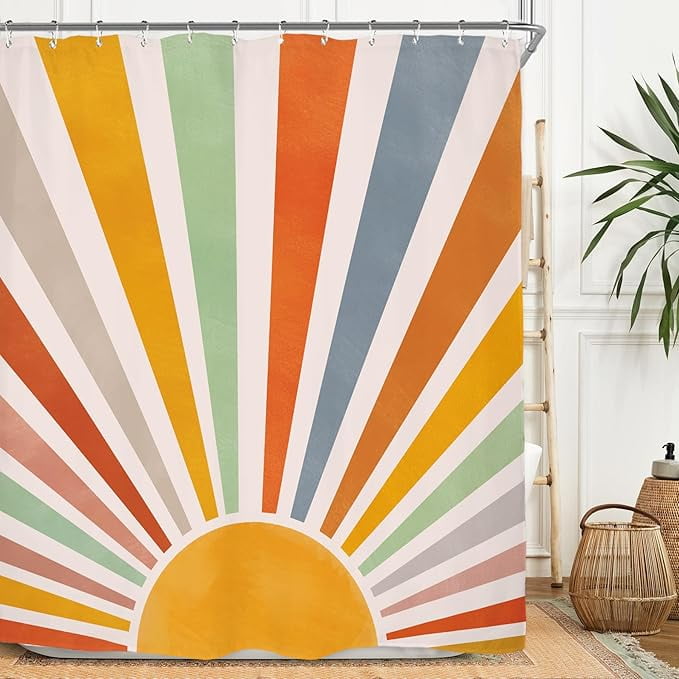 Colorful Sun Rainbow Retro Shower Curtain Set Minimalist Art Girls ...