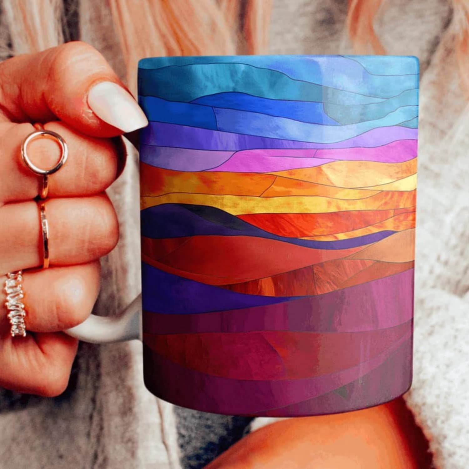 Colorful Sun Scenery Mug, Faux Stained Gl Desert Sun Ceramic Mug ...